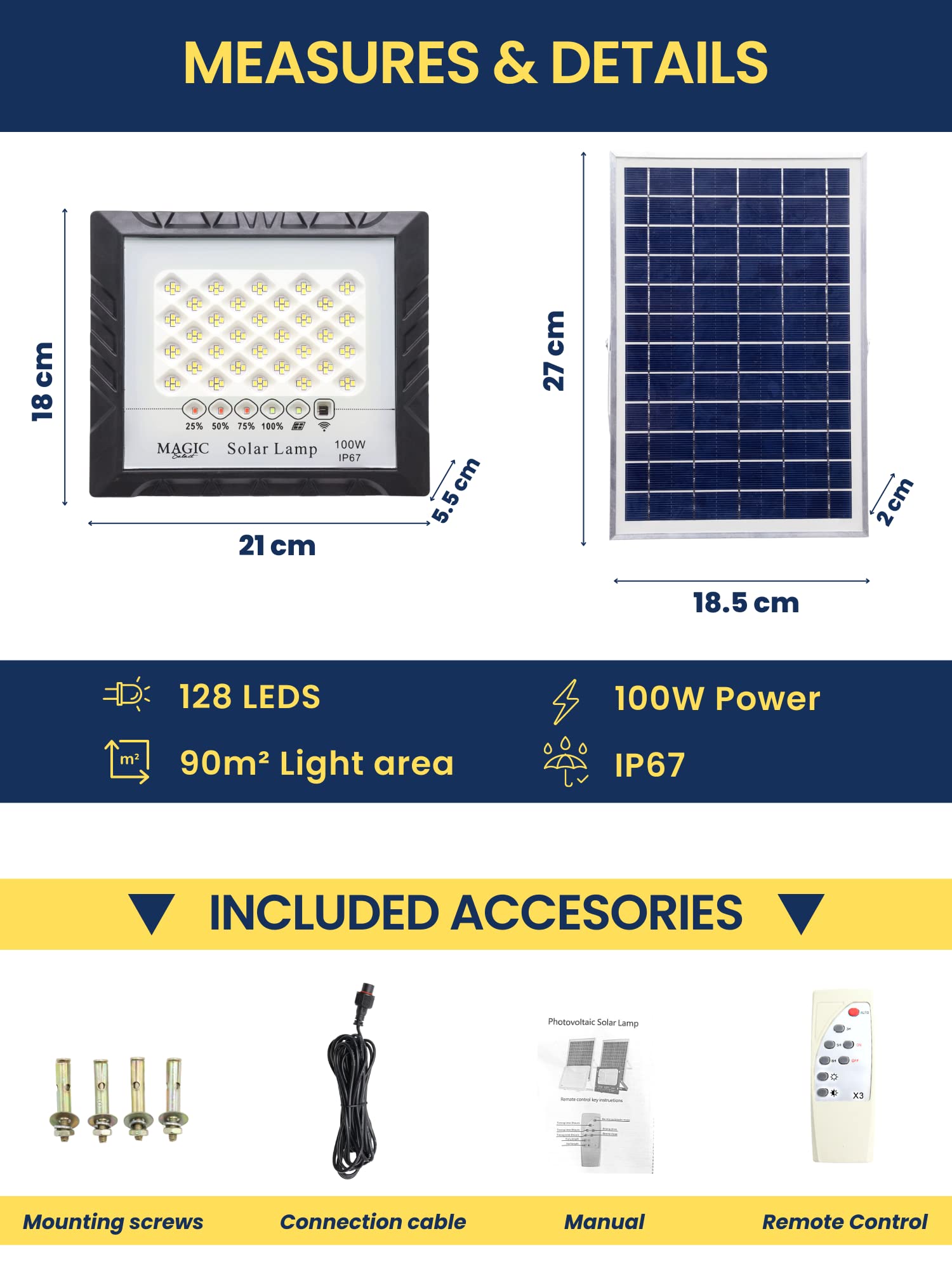 Solar Flood Lights Outdoor 100 W 128LED, Remote Control and Automatic ...
