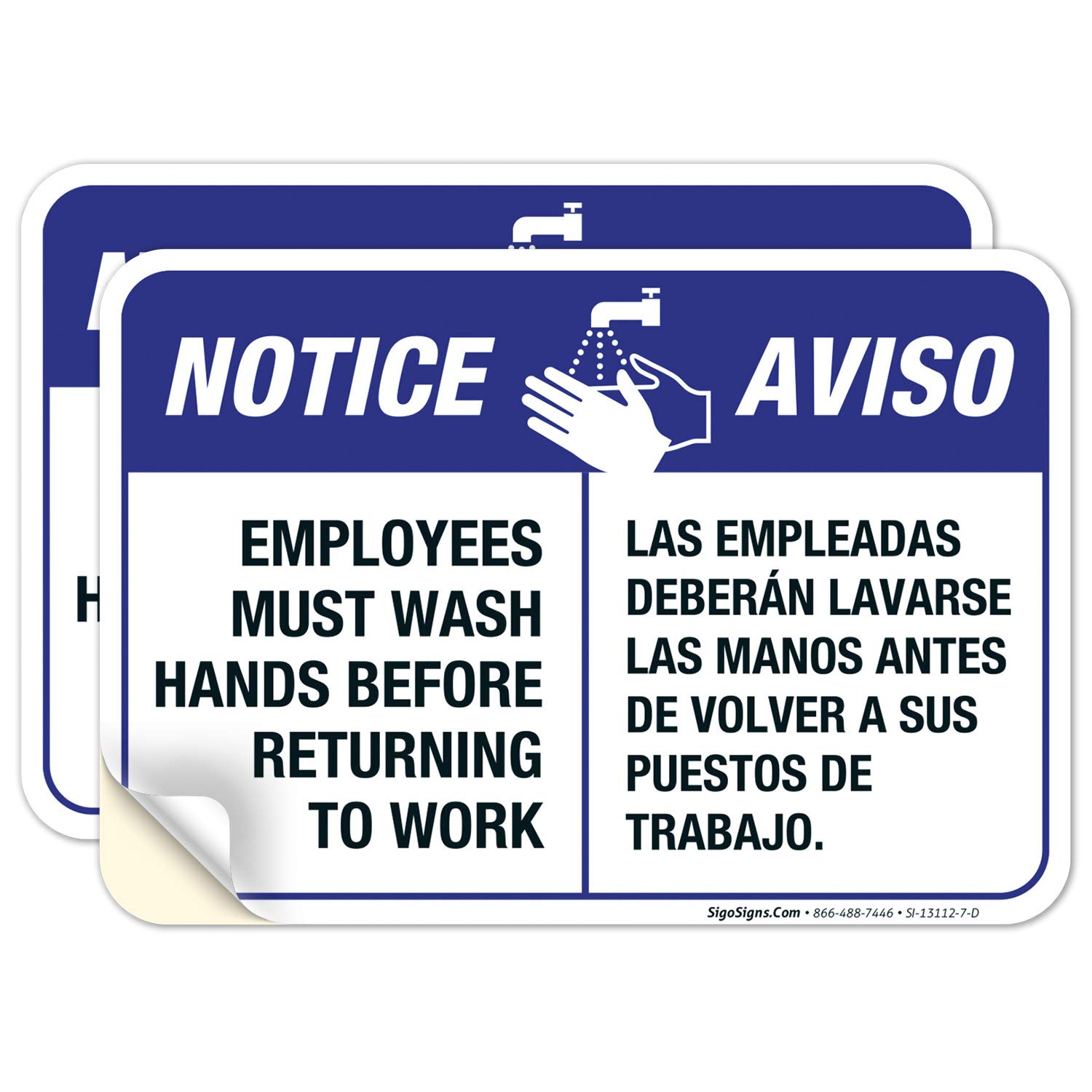 Buy Employees Hand Washing Sign, Bilingual English Spanish, 2 Pack 10x7 ...