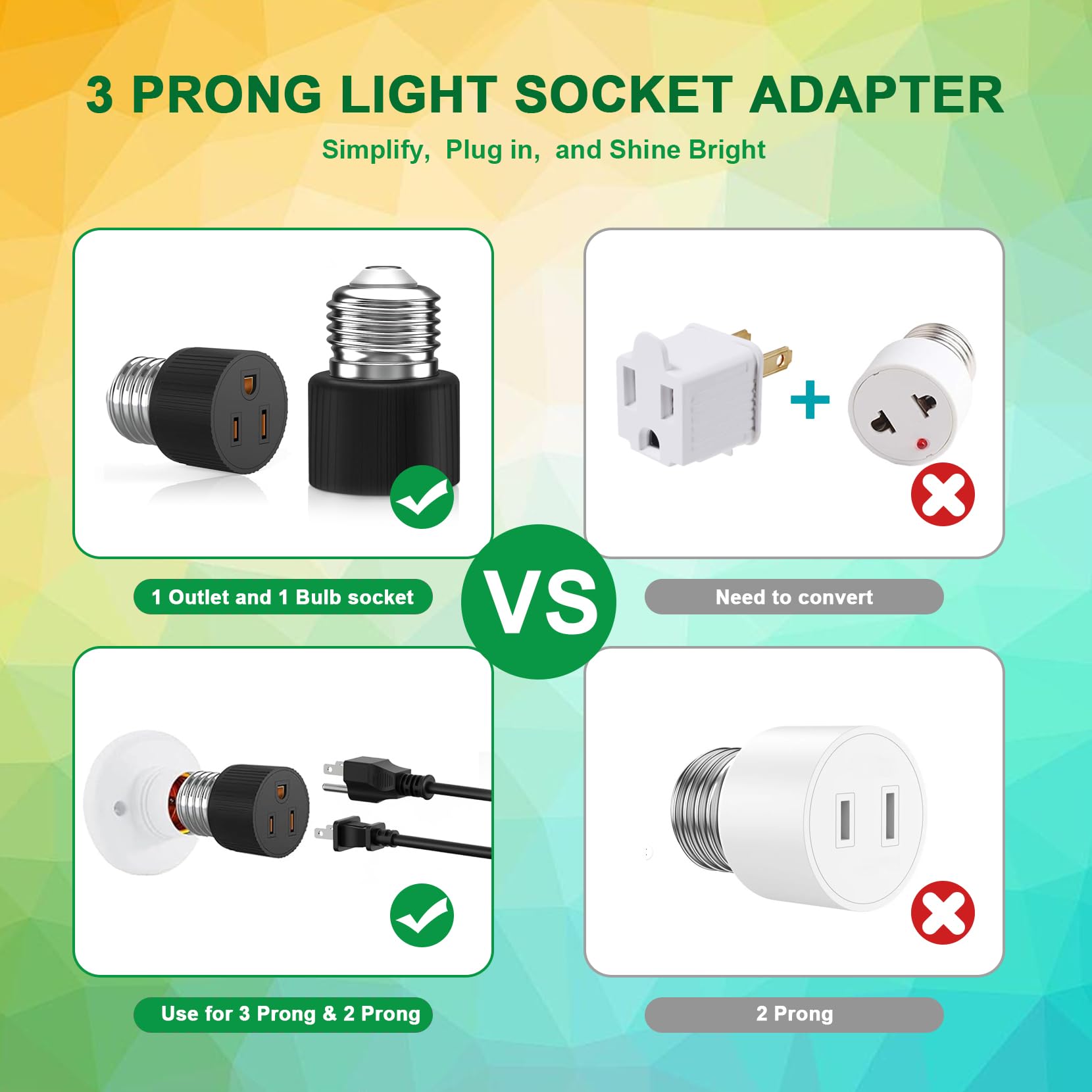 Snapklik.com : 2 Packs E26/E27 3 Prong Light Bulb Socket Outlet Black, Light Socket Outlet Plug ...