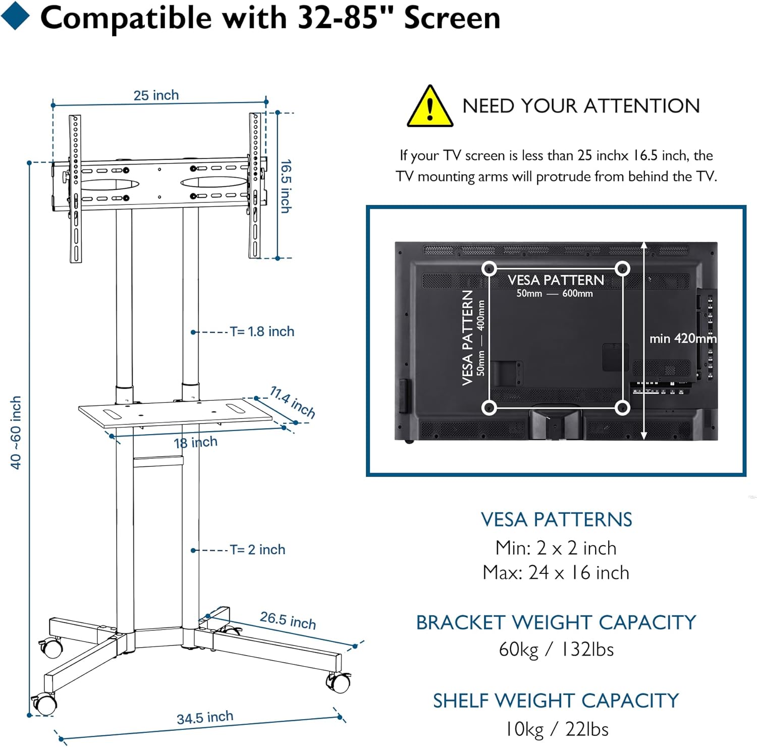 Buy Mobile TV Stand, Rolling TV Stand with Wheels for 32-85Inch LED ...