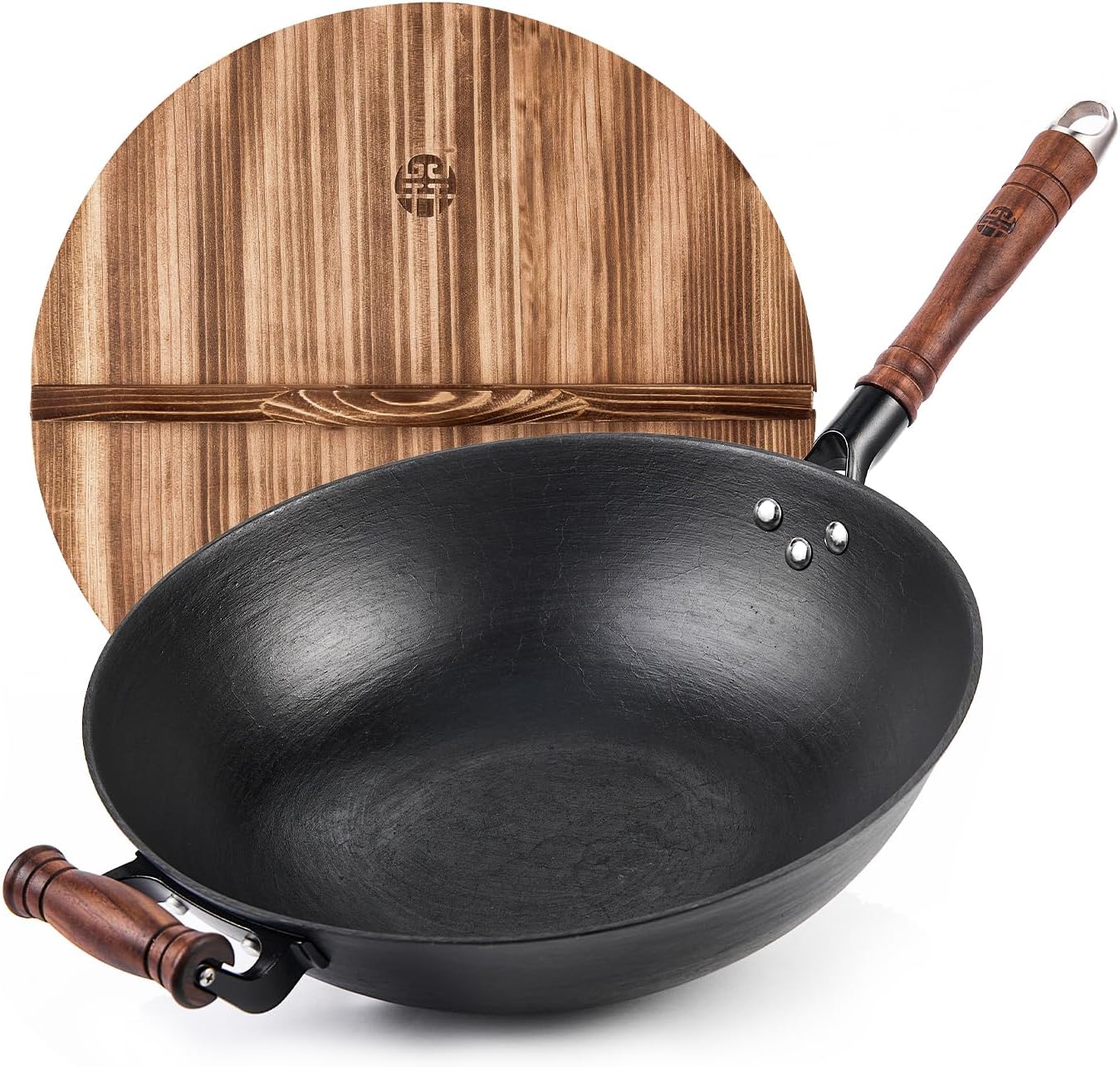 Amazon.com: Kasian House Cast Iron Wok with Wooden Handle and Lid, Pre ...