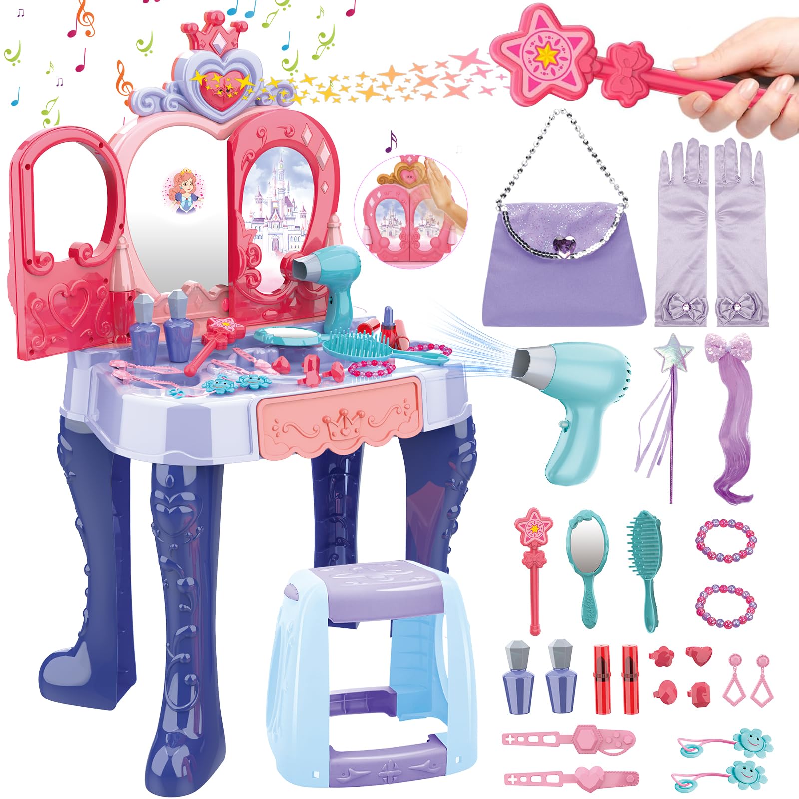 Amazon.com: deAO Toddler Vanity Makeup Table Toy with Mirror & Chair ...