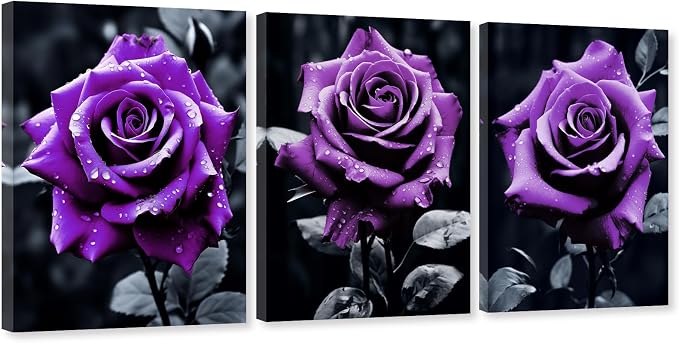 Amazon.com: ARTZGX Purple Rose Canvas Wall Art 3 Piece Flower Pictures ...