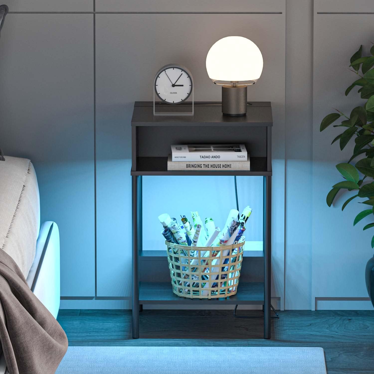 Amazon.com: HOSEOKA Side Table with Charging Station, LED Nightstand ...