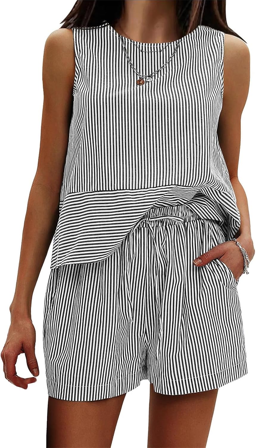 Amazon.com: Womens 2 Piece Outfits Summer Striped Sleeveless Tank Top ...