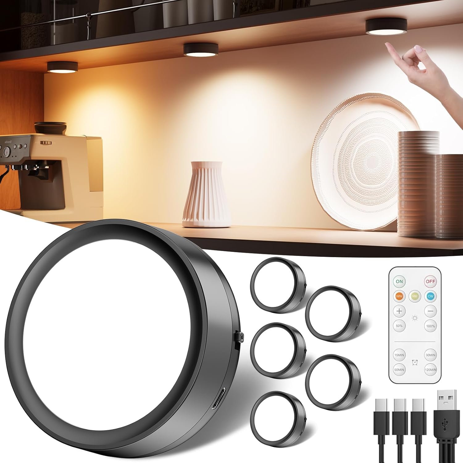 Tedmos Rechargeable Puck Lights with Remote Control, 2400mAh Battery ...