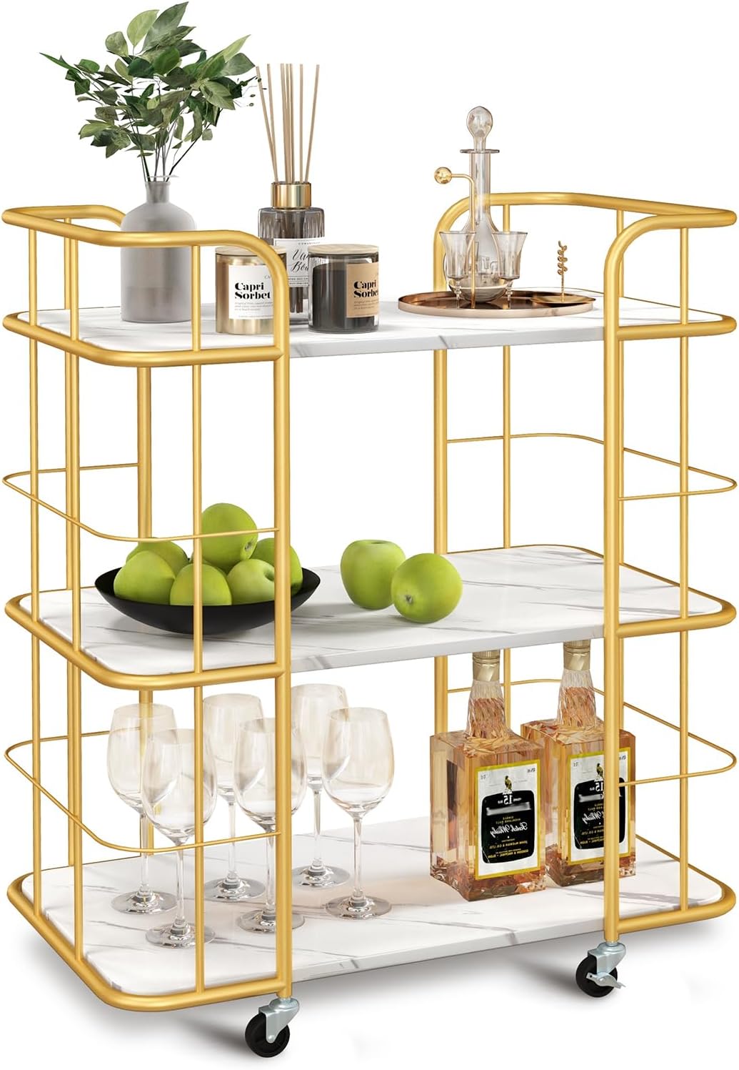 Amazon.com - COSTWAY Gold Rolling Bar Cart, 3-Tier Kitchen Utility Cart ...