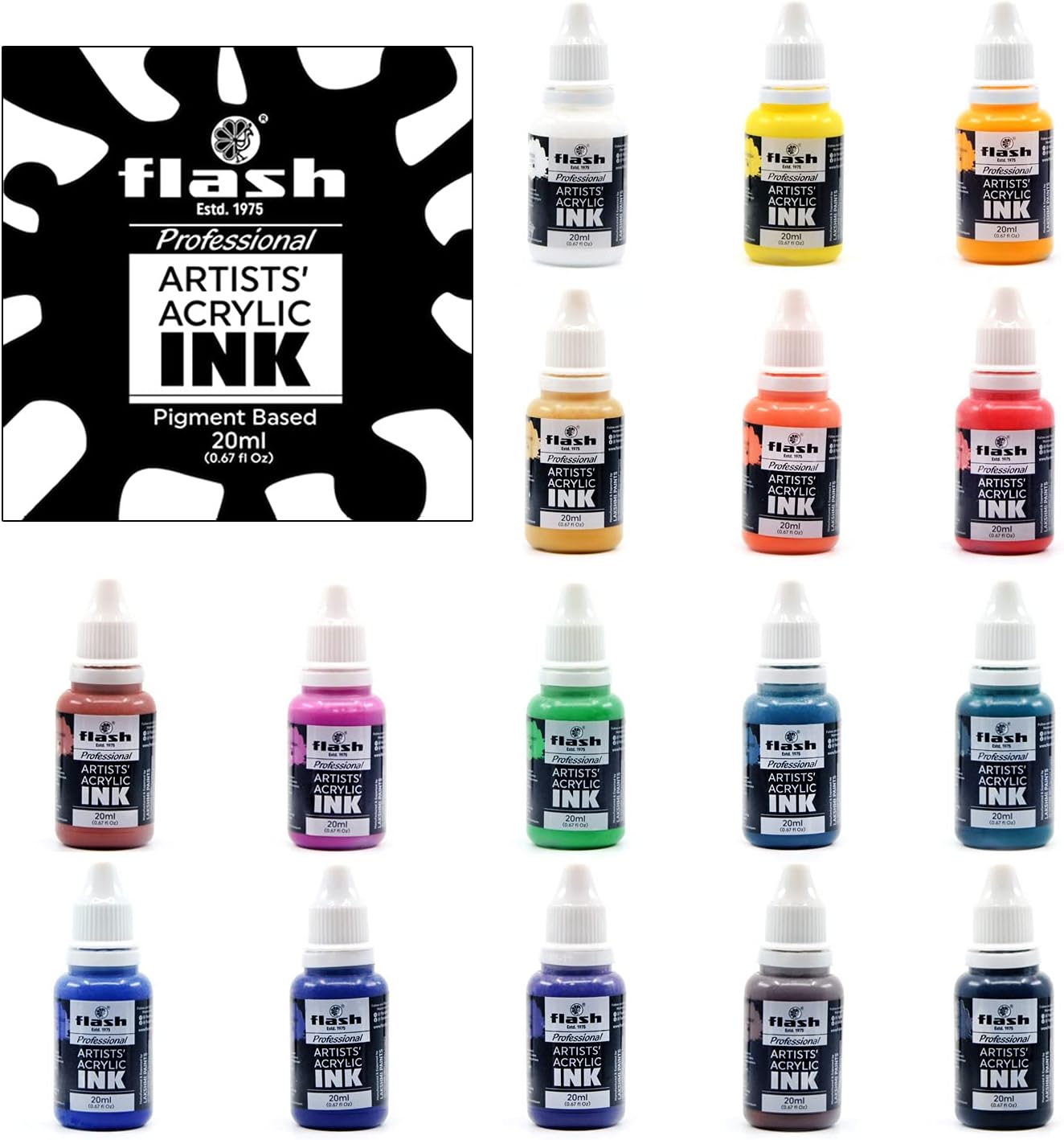 Acrylic Ink Set FLASH, 16 Colours Set (16 X 20mL Each), Rich Pigments ...