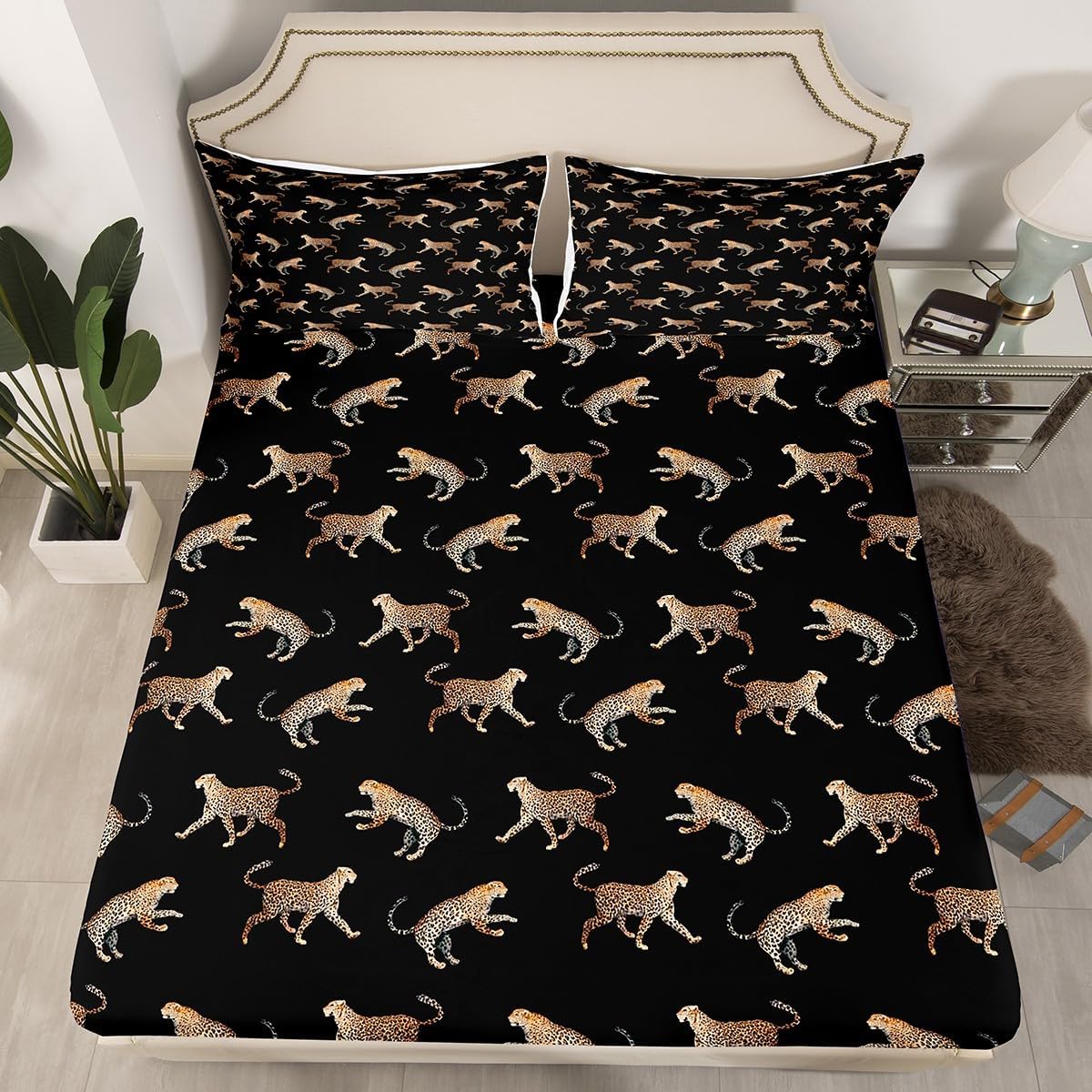 Amazon.com: jejeloiu Leopard Fitted Sheet with 2 Pillowcases Queen Size ...
