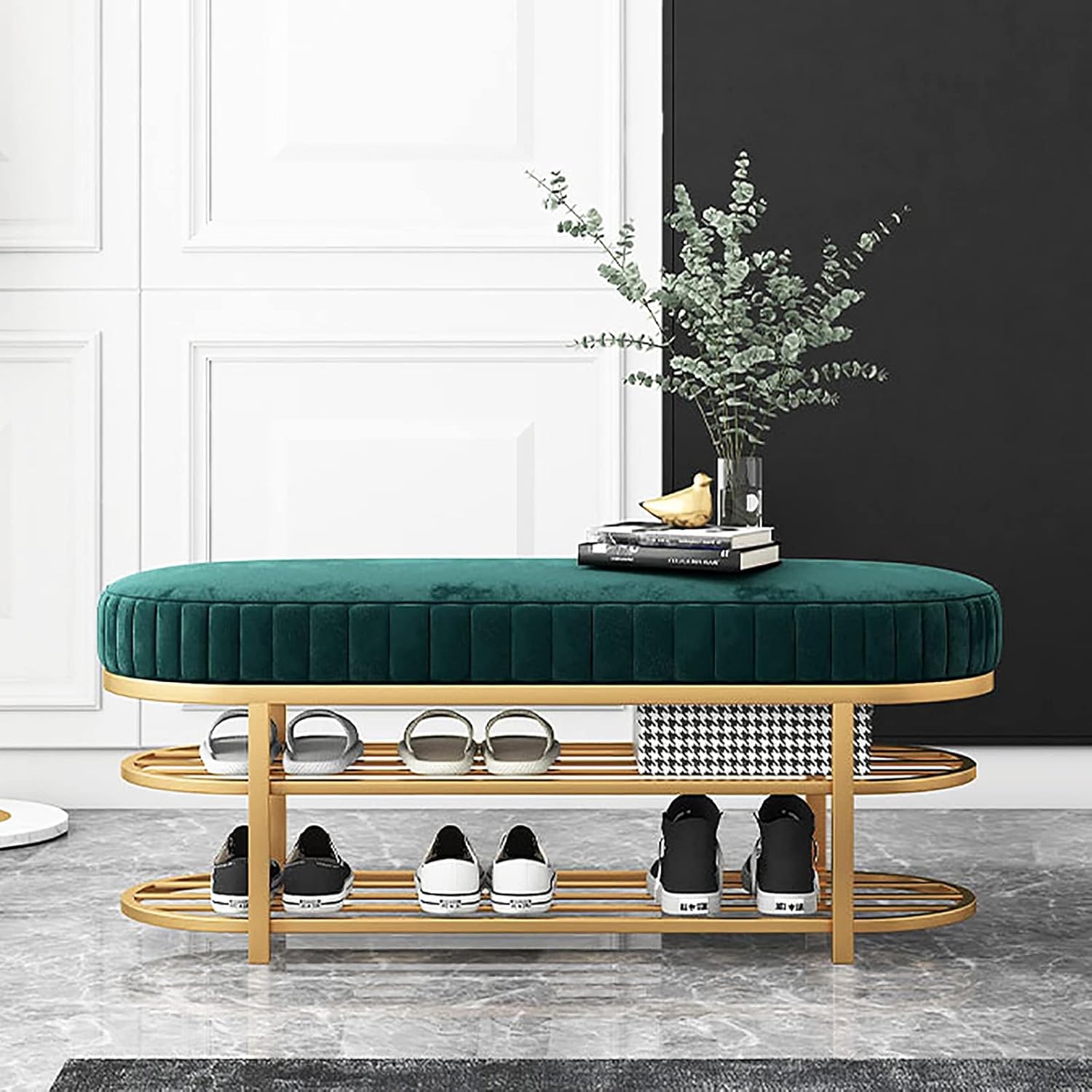 Velvet Upholstered Entryway Bench Shoe Rack with 2-Tier Shelf - Modern ...