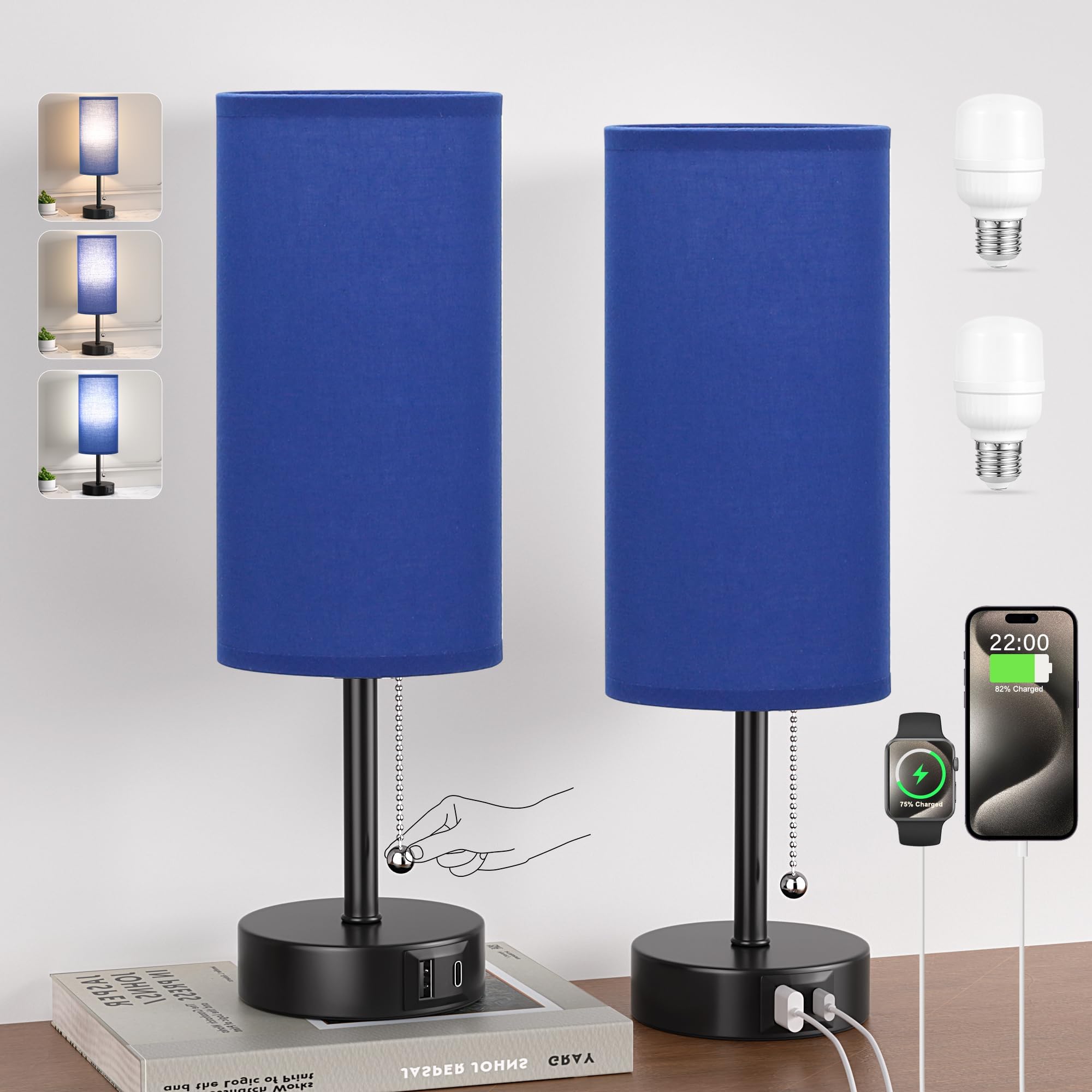 ZJOJO Table Lamp for Bedroom Set of 2, Bedside Small Lamps with 3 Way ...