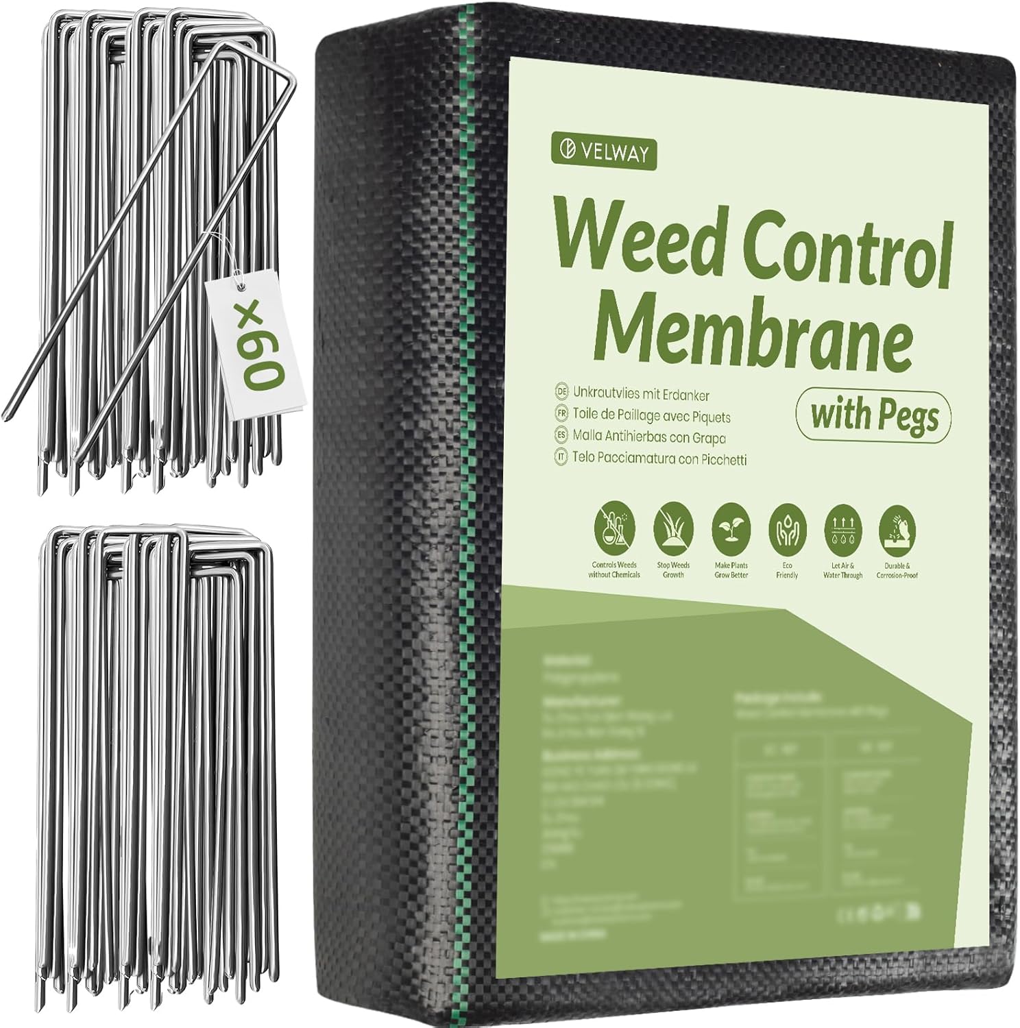 Velway Weed Control Membrane 2x10M - with 60 Garden Pegs Heavy Duty ...
