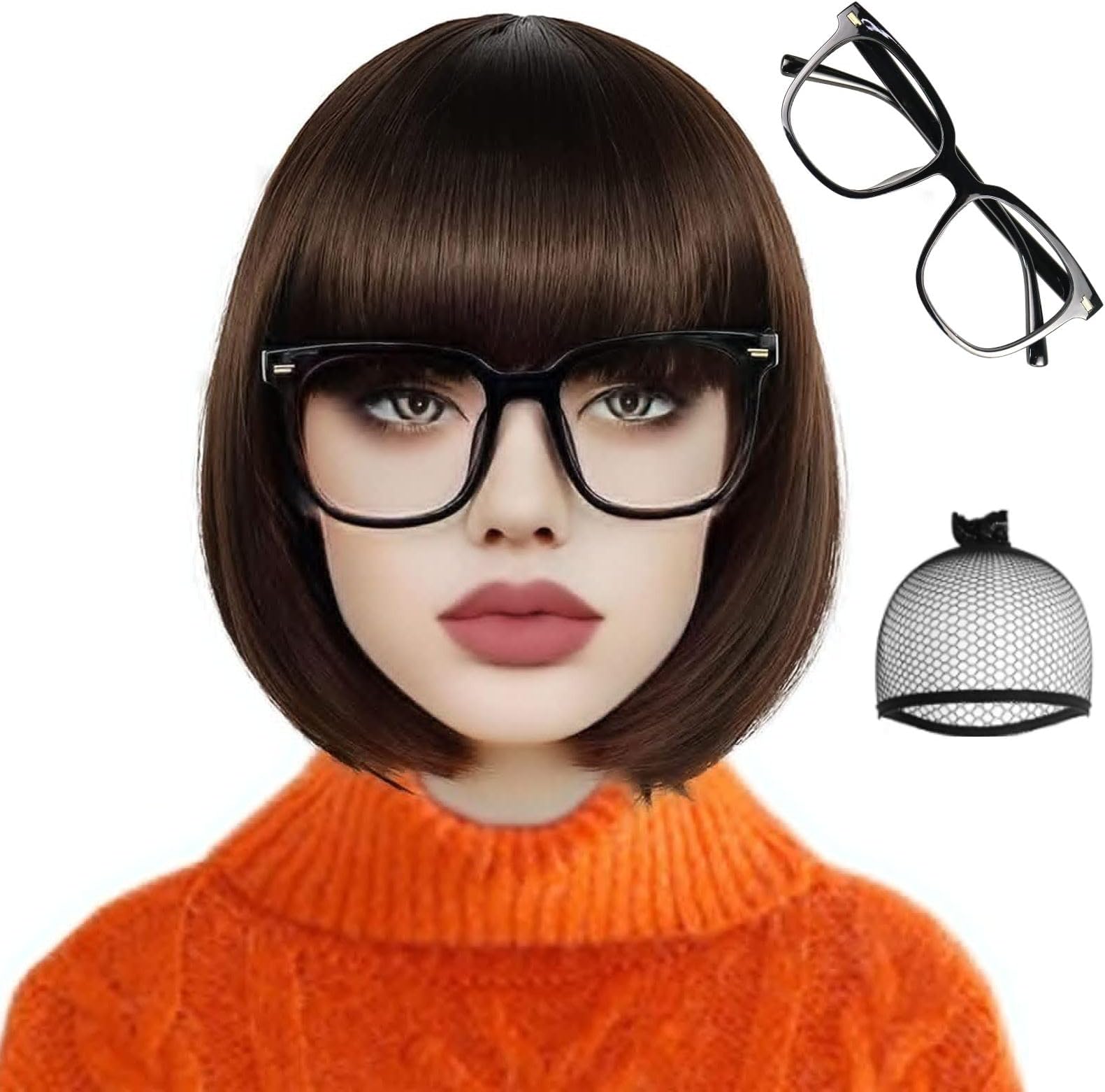 Amazon.com : Ebingoo Velma Wig Brown Bob Wig +1 Black Glasses + 1 Wig ...