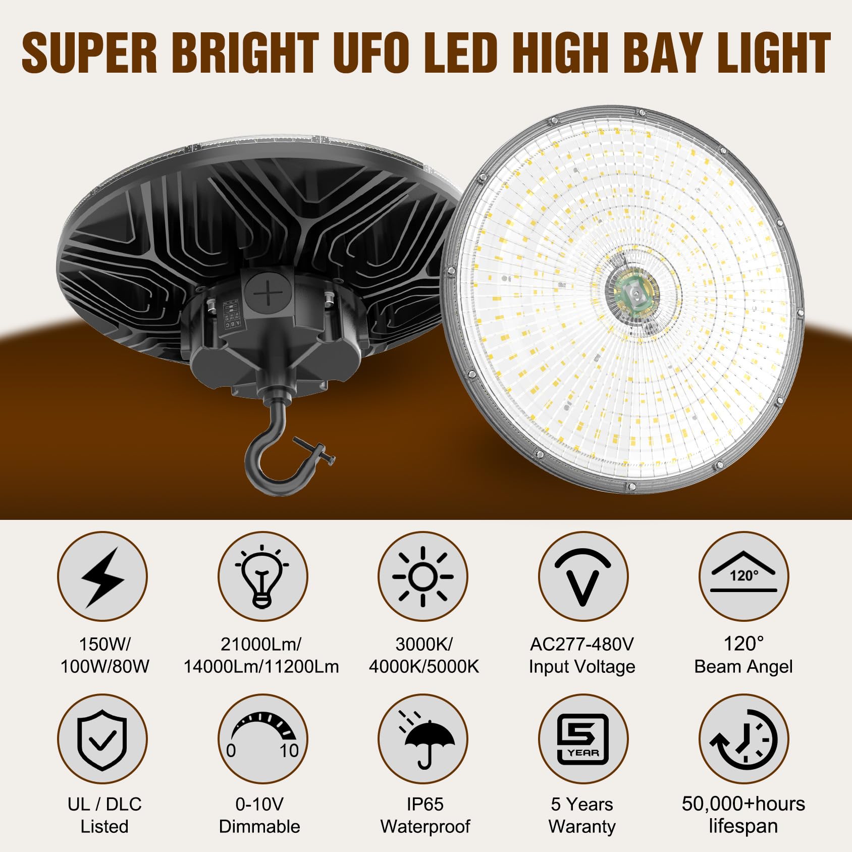 Snapklik.com : 480V UFO LED High Bay Light 150W 100W 80W Adjustable, UL DLC Listed Dimmable High ...