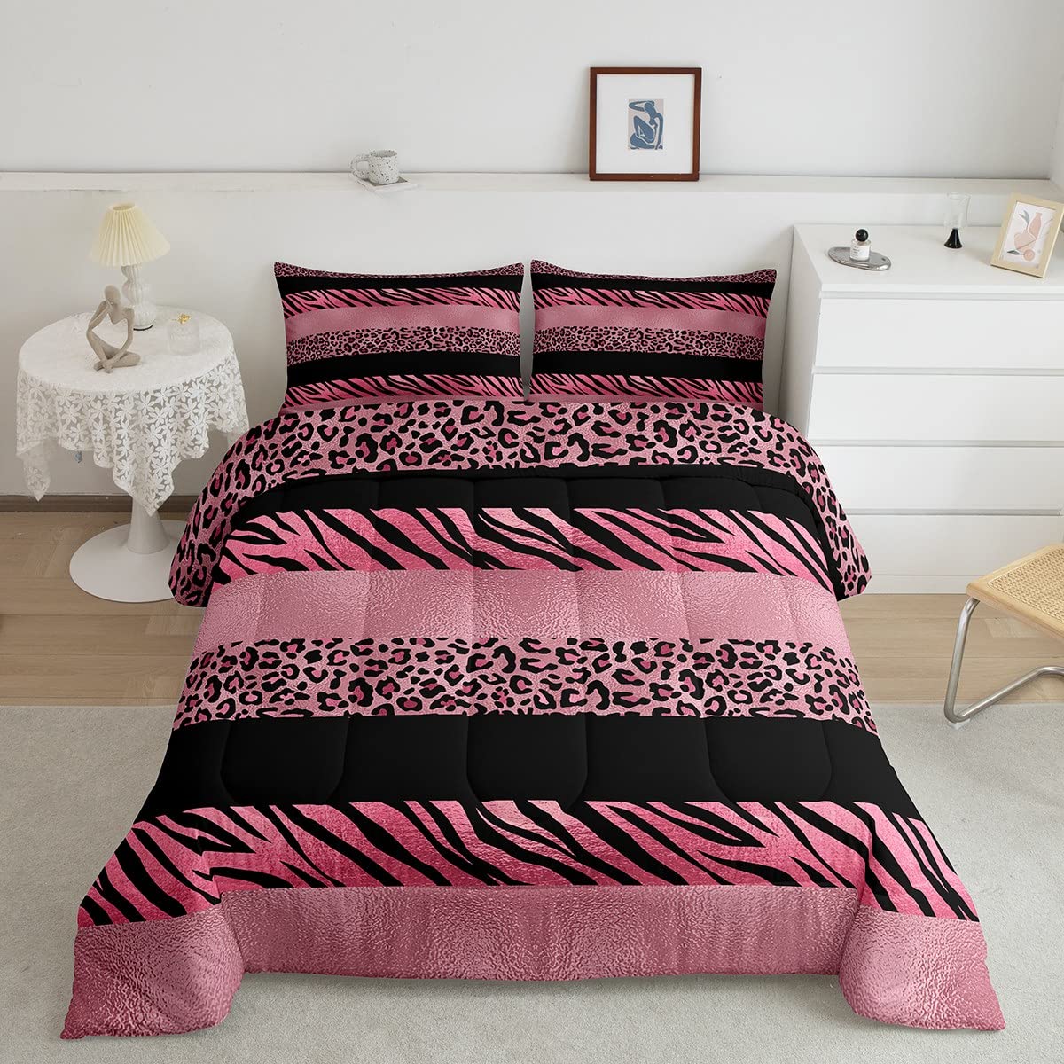 Amazon.com: Pink Leopard Print Kids Comforter Set Full Size,Zebra Skin ...