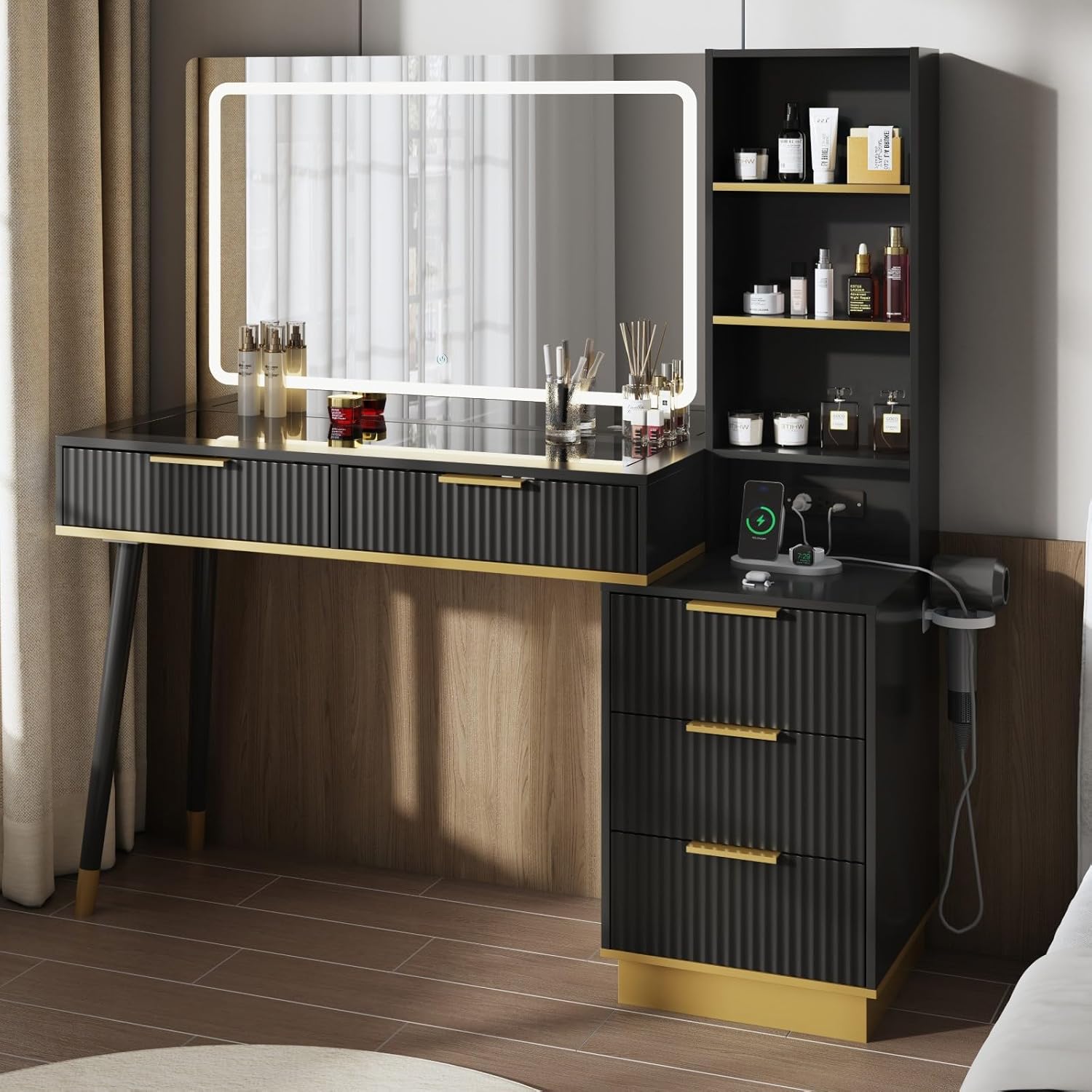 Amazon.com: LUXOAK 54" Tall Vanity Desk with 35" W x 24" H Large Mirror ...