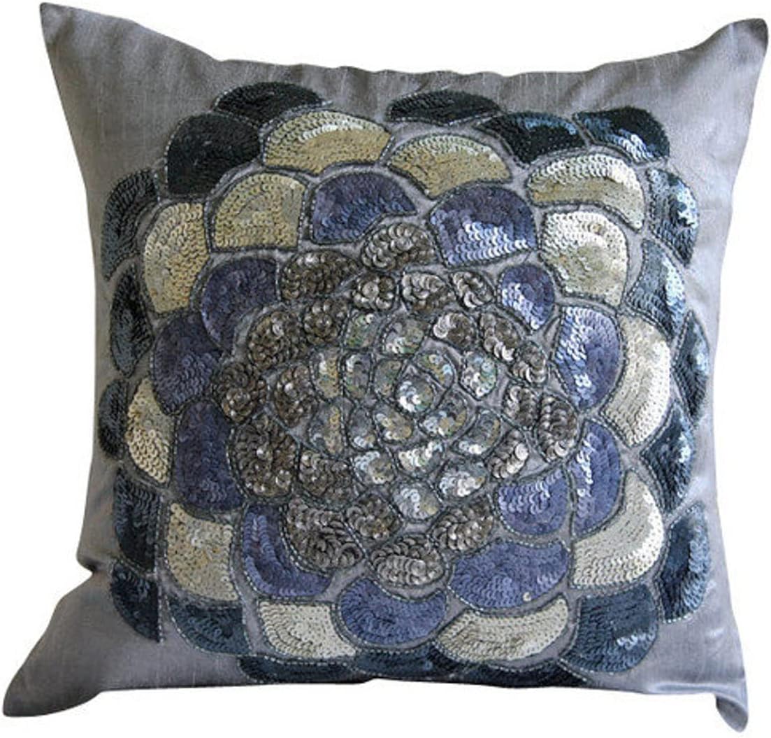 The HomeCentric Silver Throw Cushions Cover, Sequins & Beaded Flower ...