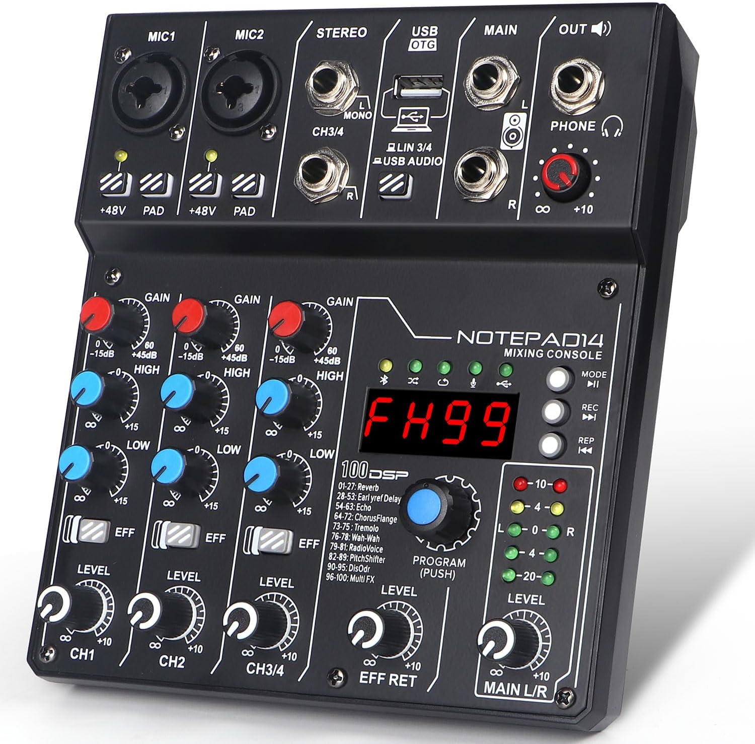Amazon.com: 4 Channel Audio Mixer with 99 Sound Effects for PC,BT DJ ...
