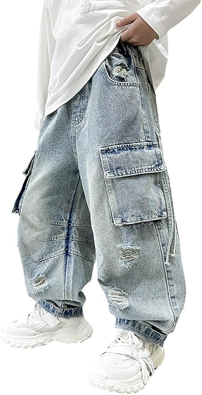 Mädchen Jeans Cargohose Wide Leg Elastisch Jeanshosen Kinde Cargo Hose Bequemes Loose Fit ...