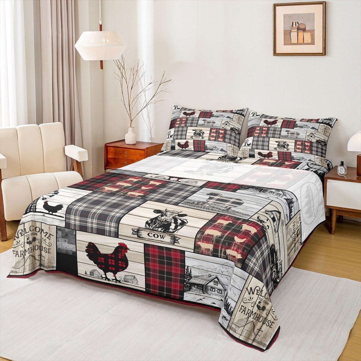 Amazon.com: Rustic Farm Animal Bed Sheets Retro Buffalo Plaid Farmhouse ...