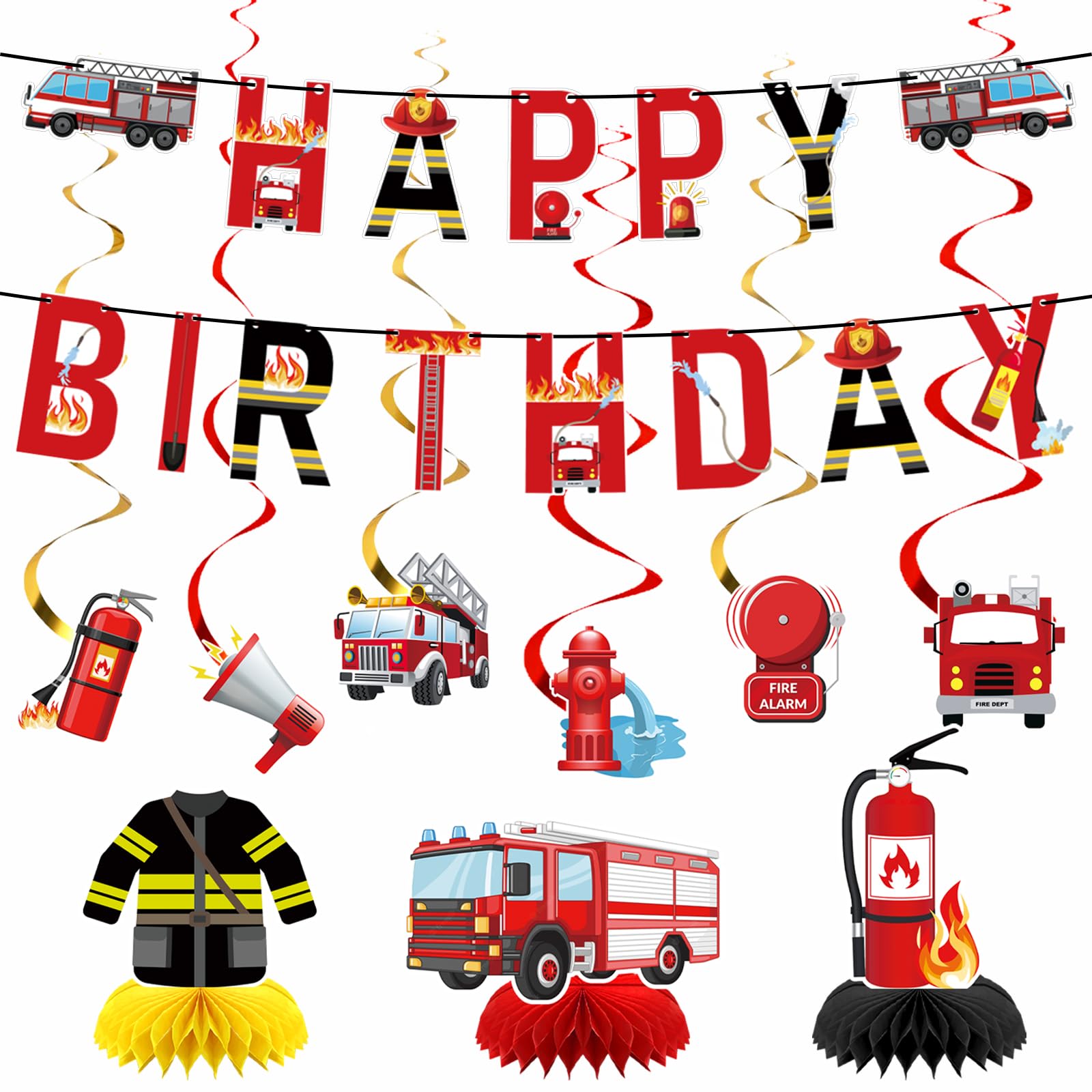 Amazon.com: JAmpoL 16 Pcs Fire Truck Birthday Party Decorations Include ...