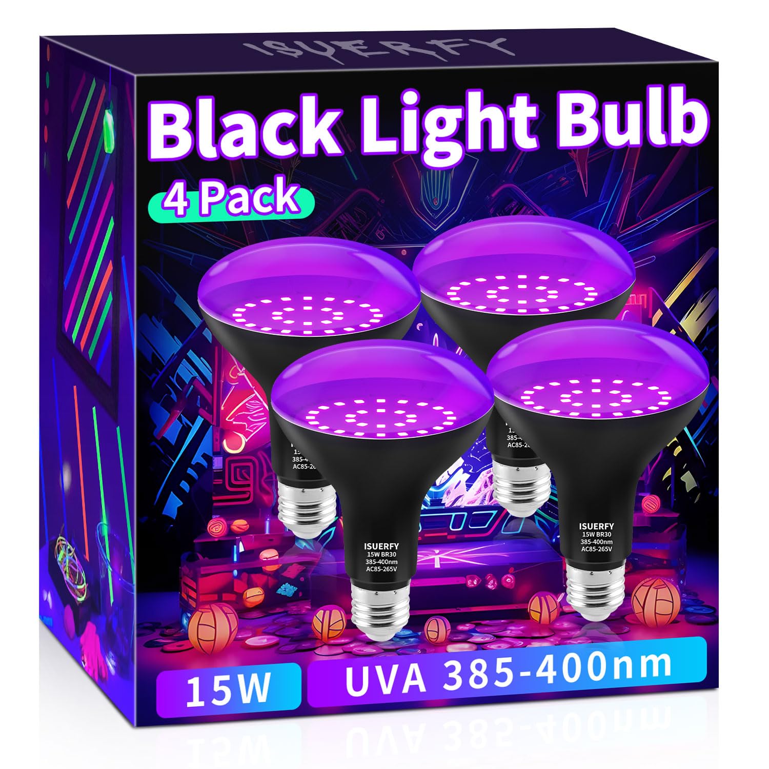 Snapklik.com : BR30 LED Black Light 15W 4 Pack, E26 Base 385-400nm ...
