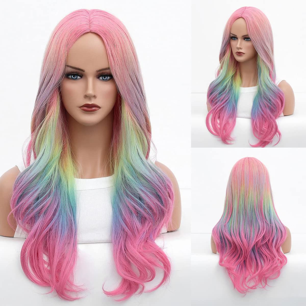 Amazon.com : Edivd Rainbow Wig Multi-Color Wig Long Body Wave Synthetic ...