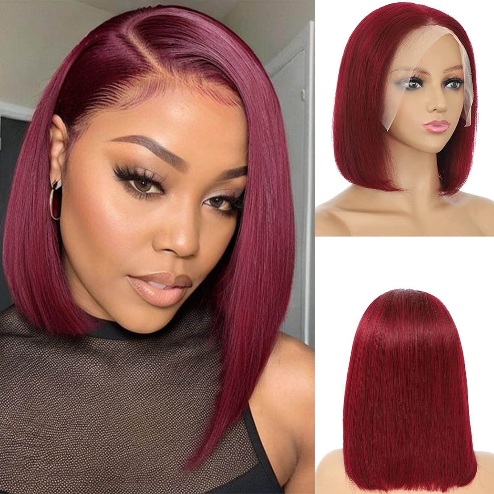 Amazon.com : Burgundy Bob Wig Human Hair 99J Bob 13x4 Lace Frontal Wig ...