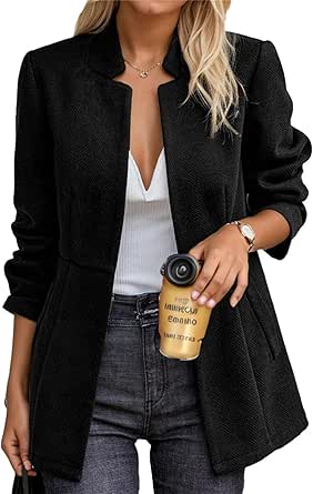 Women's Herringbone Open Front Business Jacket Casual Long Sleeve Notch ...