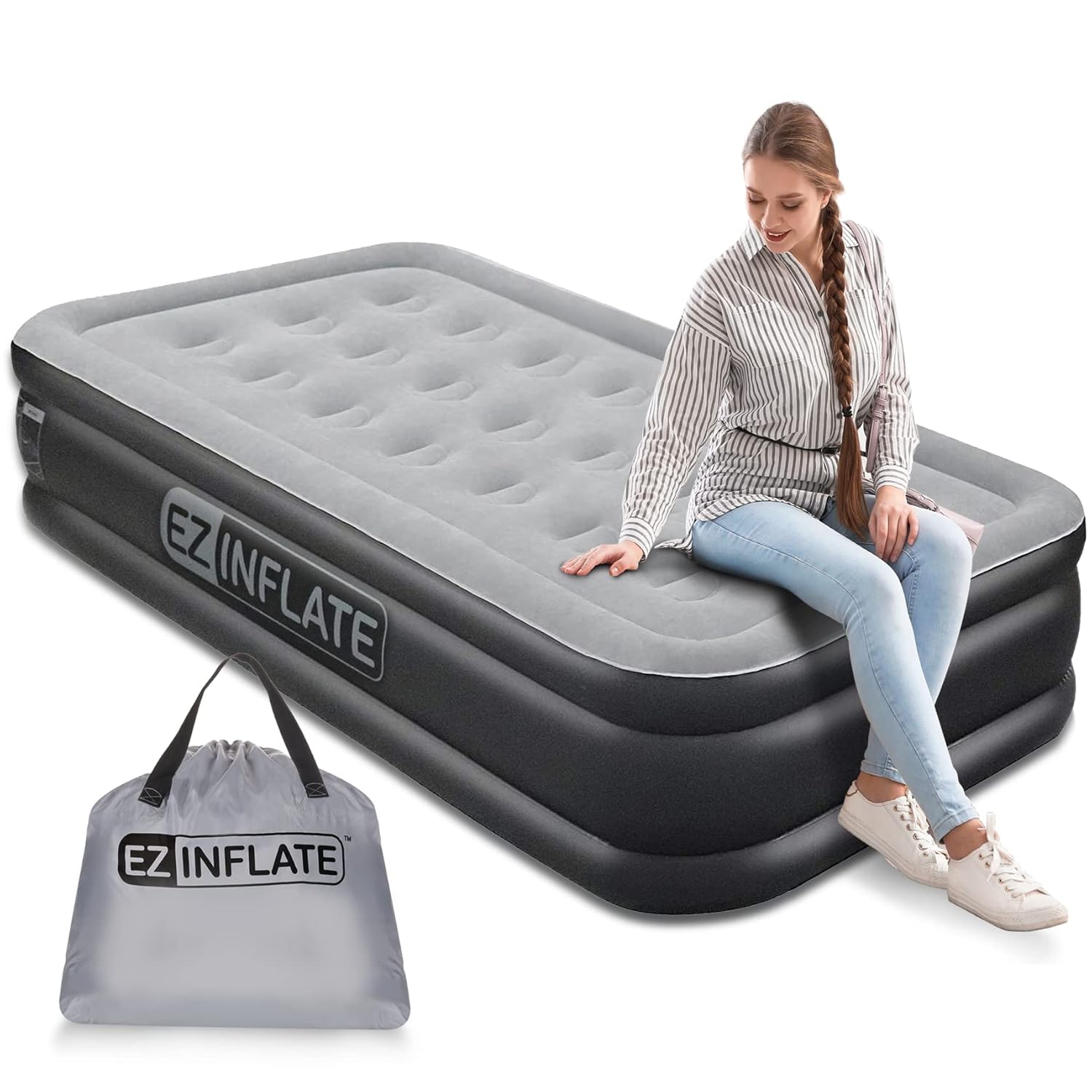 EZ INFLATE Air Mattress with Built in Pump - Twin Size Double-High ...