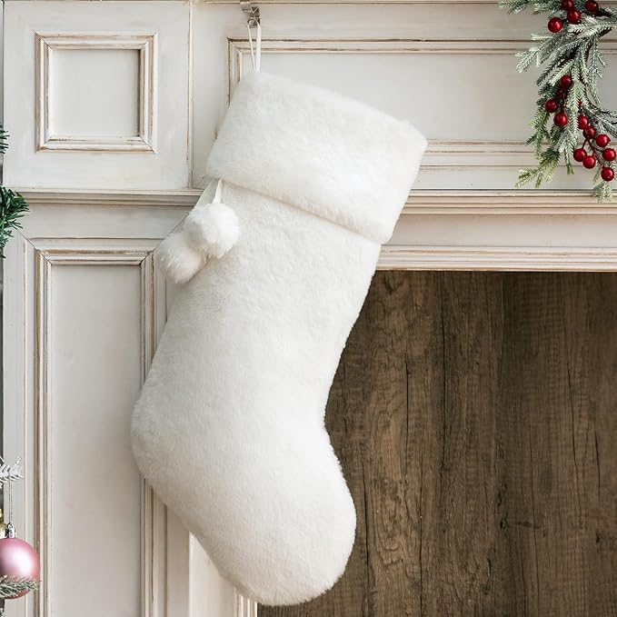 Amazon.com: E-FirstFeeling White Plush Christmas Stocking,Large Soft ...