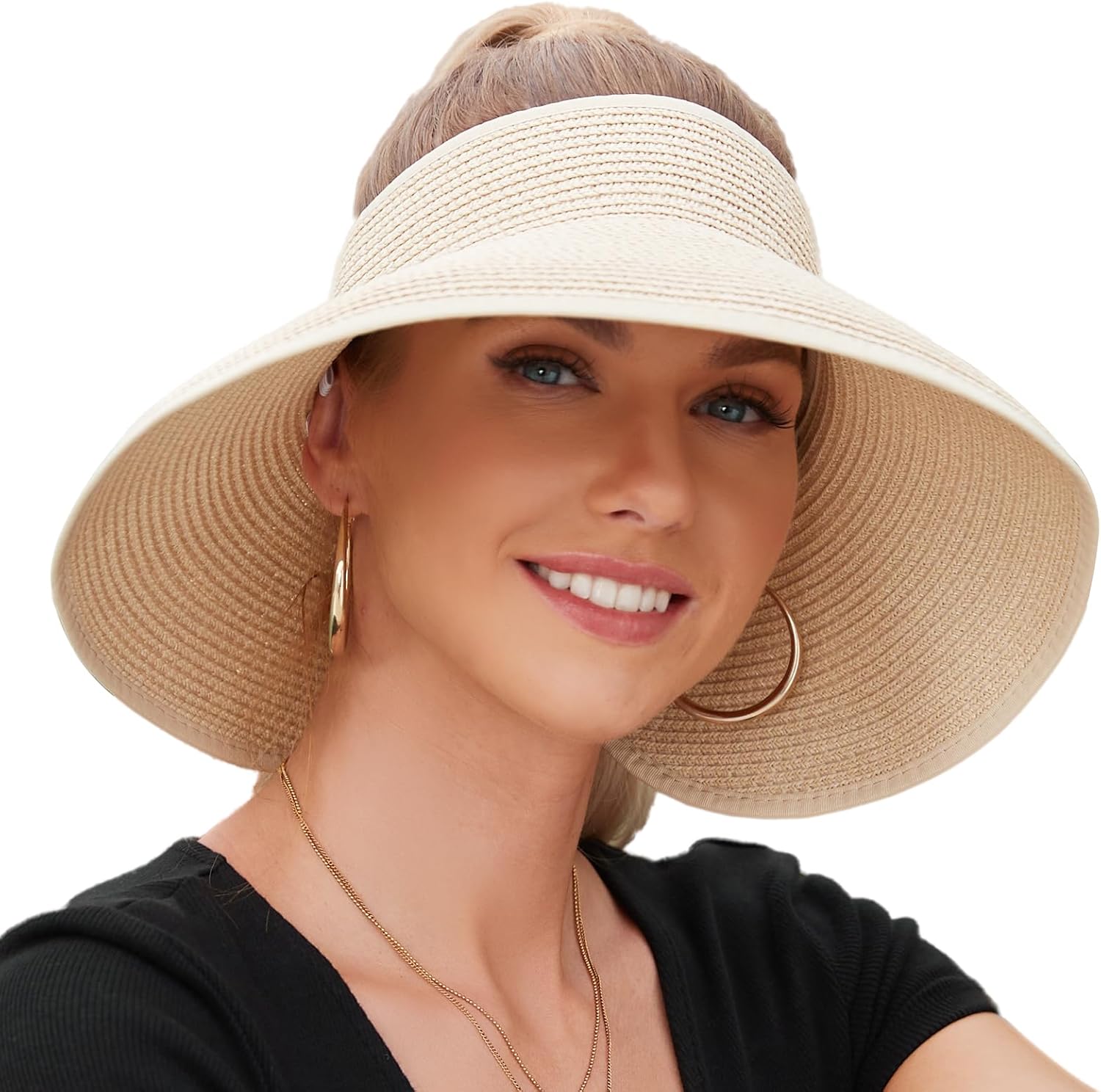 Women Sun Visors with Roll-Up Ponytail Packable Foldable Wide Brim ...