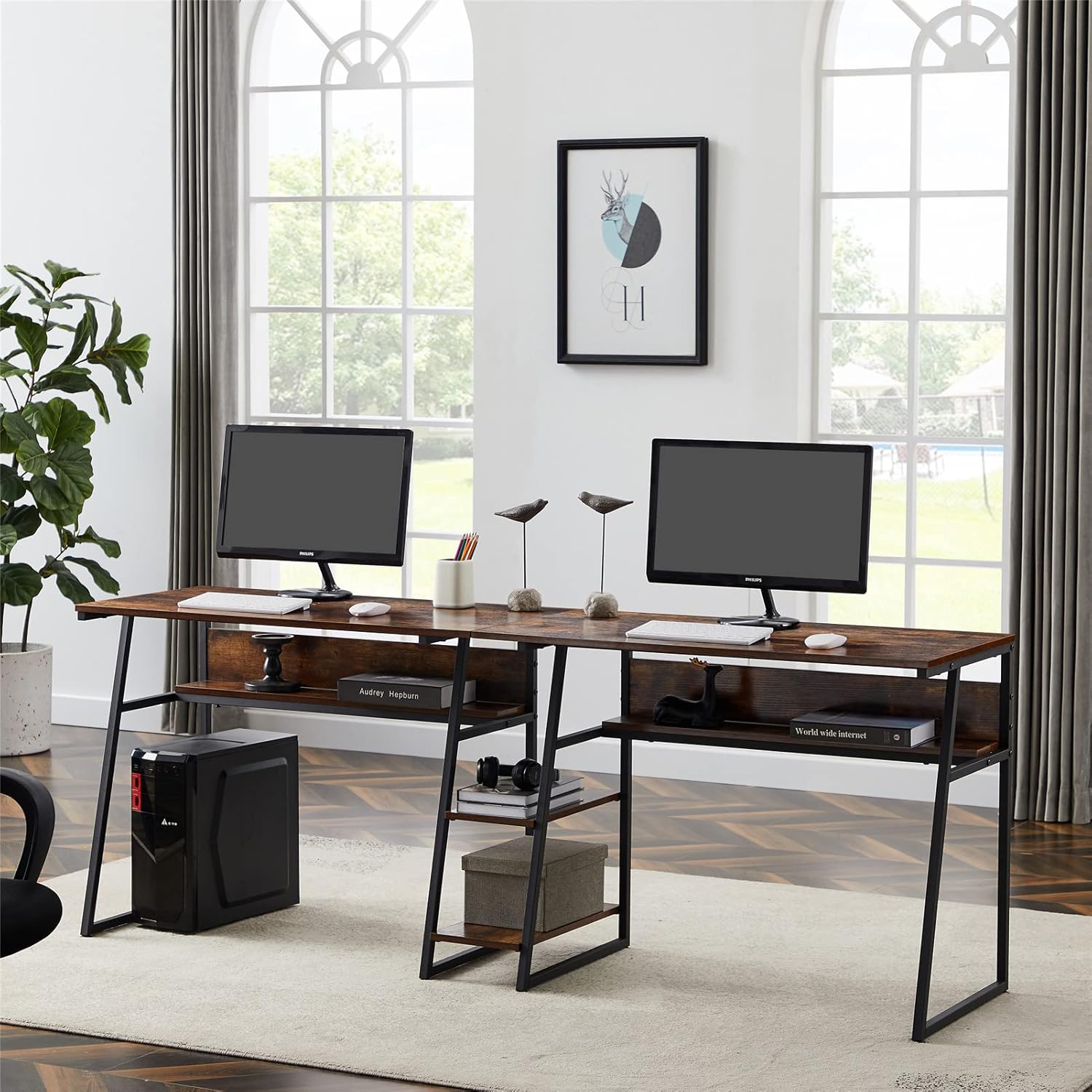 Amazon.com: Home Office Two Person Desk with Open Bookshelf and Storage ...