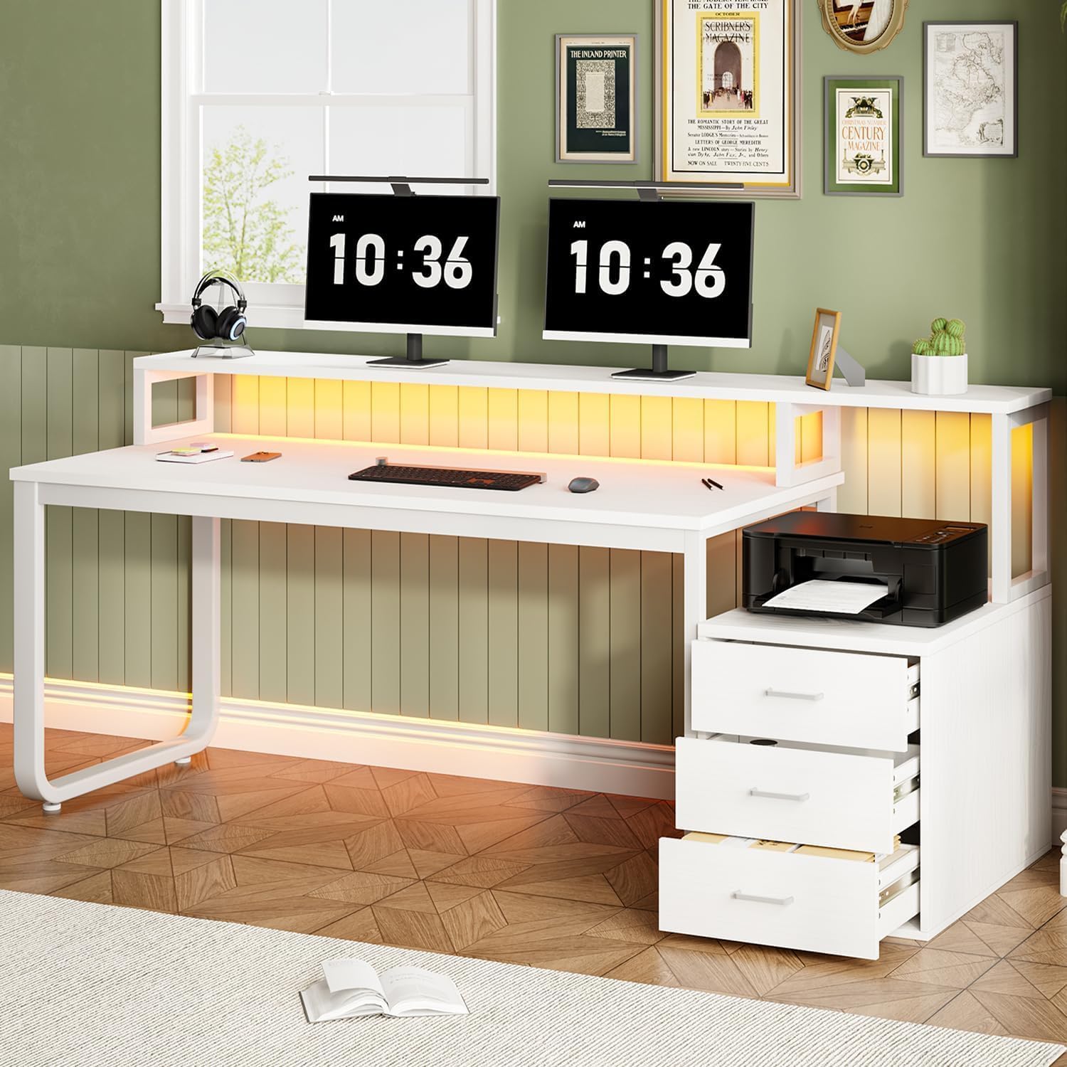 Amazon.com: White Desk with 3 Drawers, White Computer Desk with LED ...