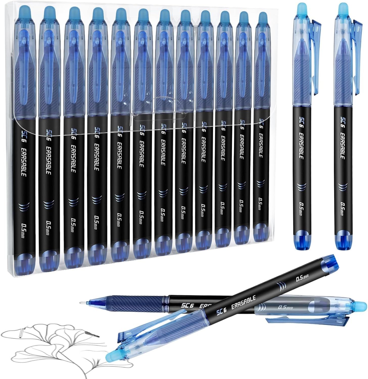 Erasable Pens, 12PCS Blue Rub Out Pens with Rubbers on the End, 0.5mm ...