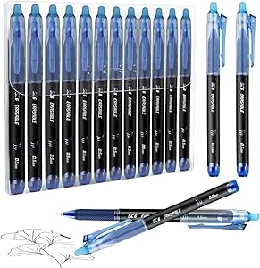 Erasable Pens, 12PCS Blue Rub Out Pens with Rubbers on the End, 0.5mm ...