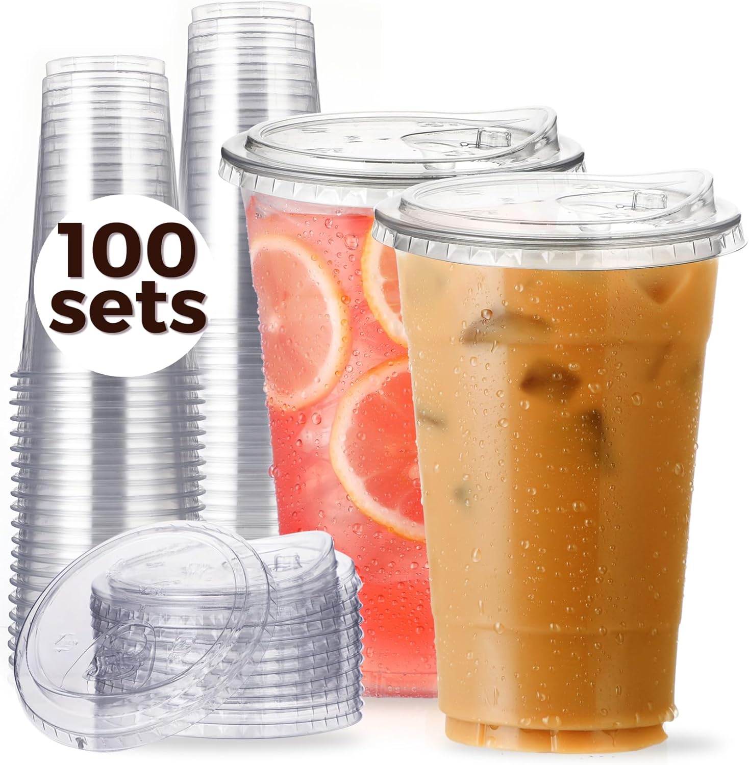 Amazon.com: 100 Pack 24 oz Clear Plastic Cups with Strawless-Sip-Lids ...