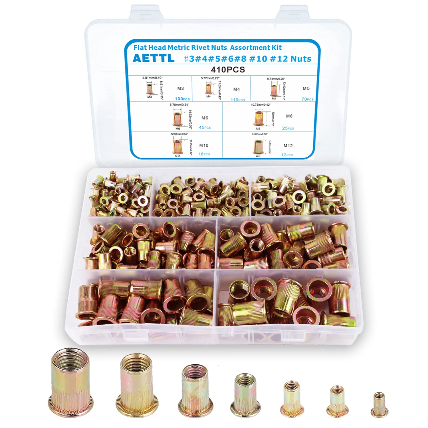 AETTL 410pcs Metric Rivet Nut Assortment Kit, Carbon Steel Flat Head ...