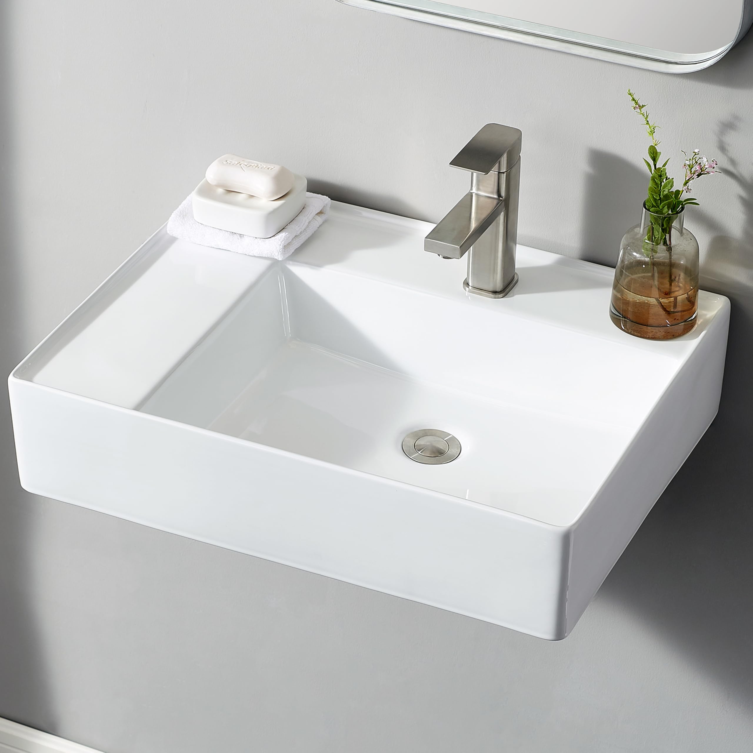 COMLLEN Wall Mount Sink, 24”x18” Wall Mounted Bathroom Sink with Self ...