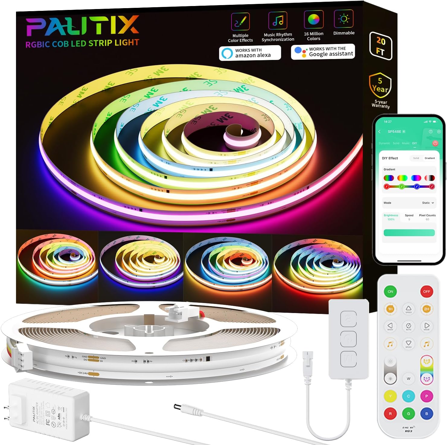 Amazon.com: INDARUN RGB+Warm White COB Led Strip Light 32.8ft 6720LEDs ...