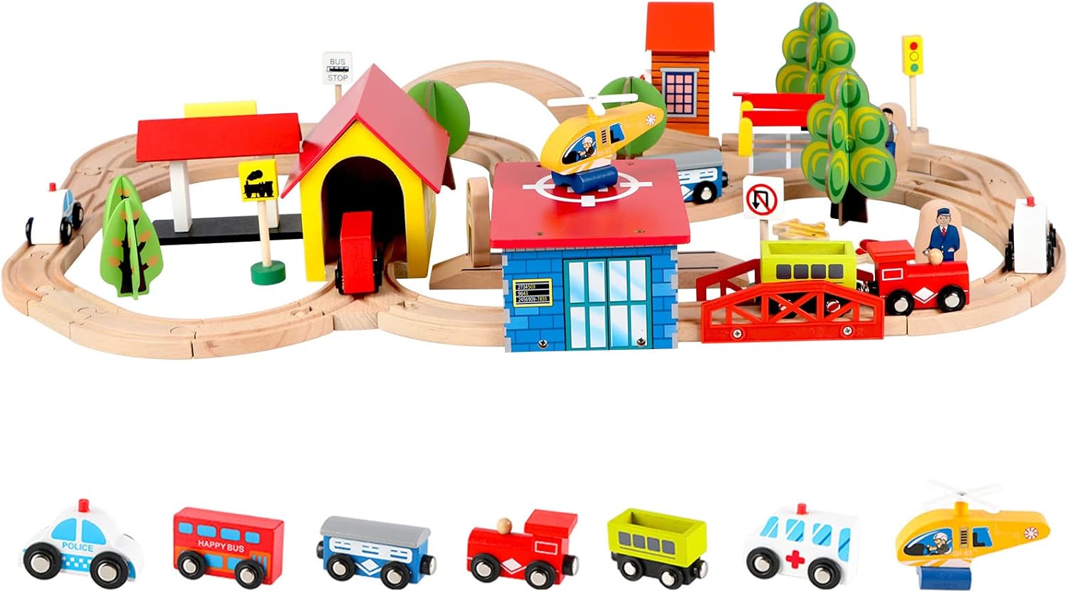 Wondertoys Wooden 69 Pcs Train Tracks Toys Railway Kits with Vehicles ...