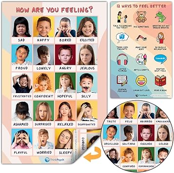 Amazon.com: 2 Laminated Feelings Posters for Kids - English & Spanish ...