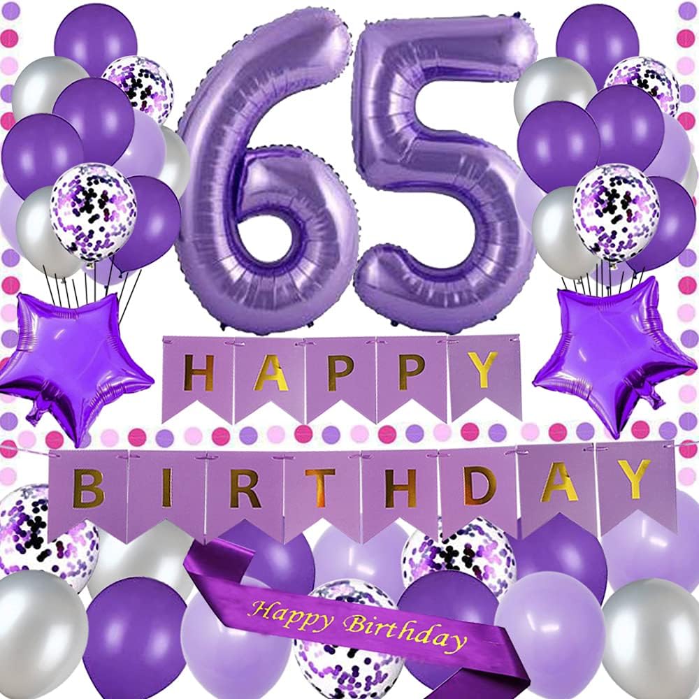Amazon.com: yujiaonly 65th Birthday Party Decorations Purple Happy ...