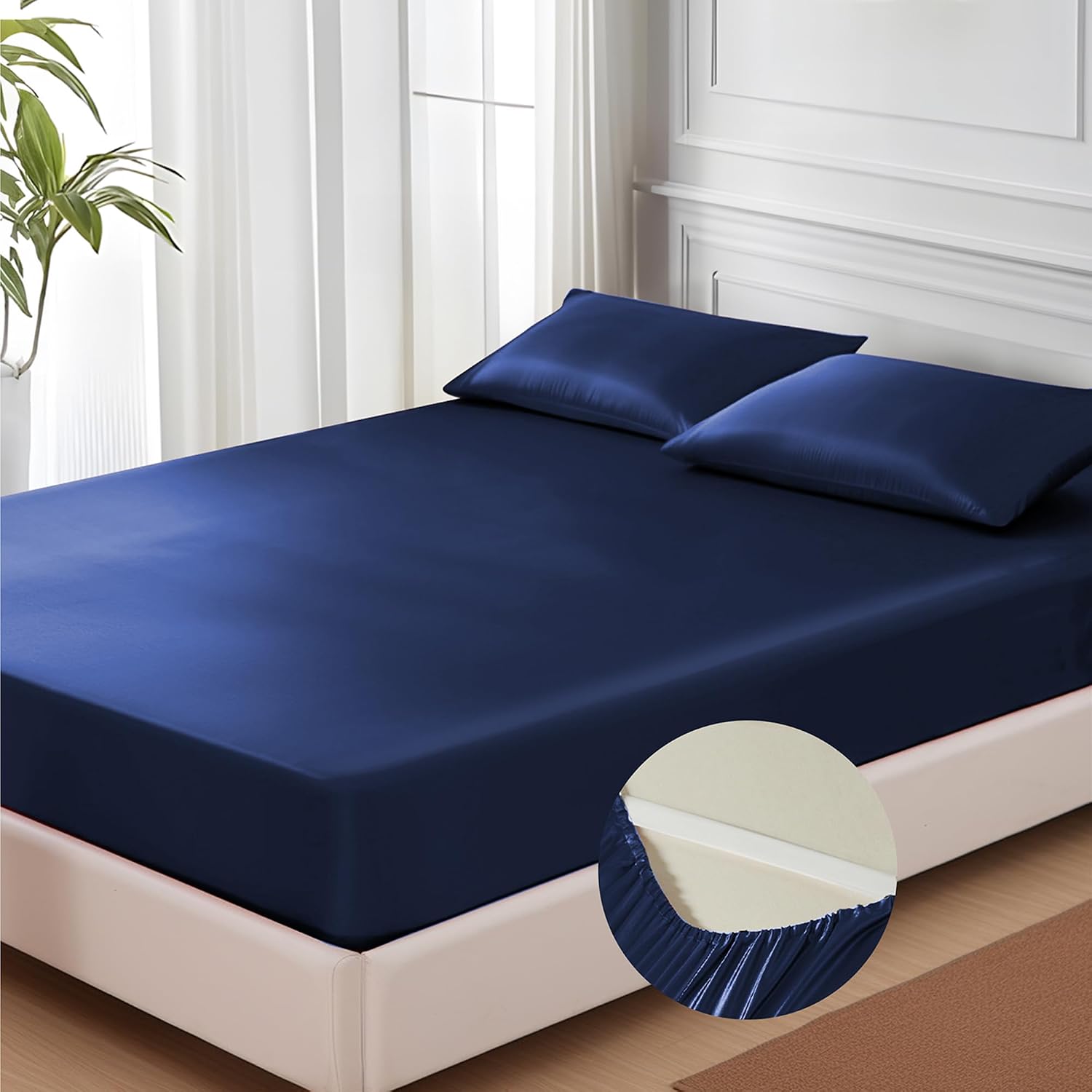 MR&HM Satin Fitted Sheet, Queen Size Navy Blue Fitted Sheet Only, Silky ...