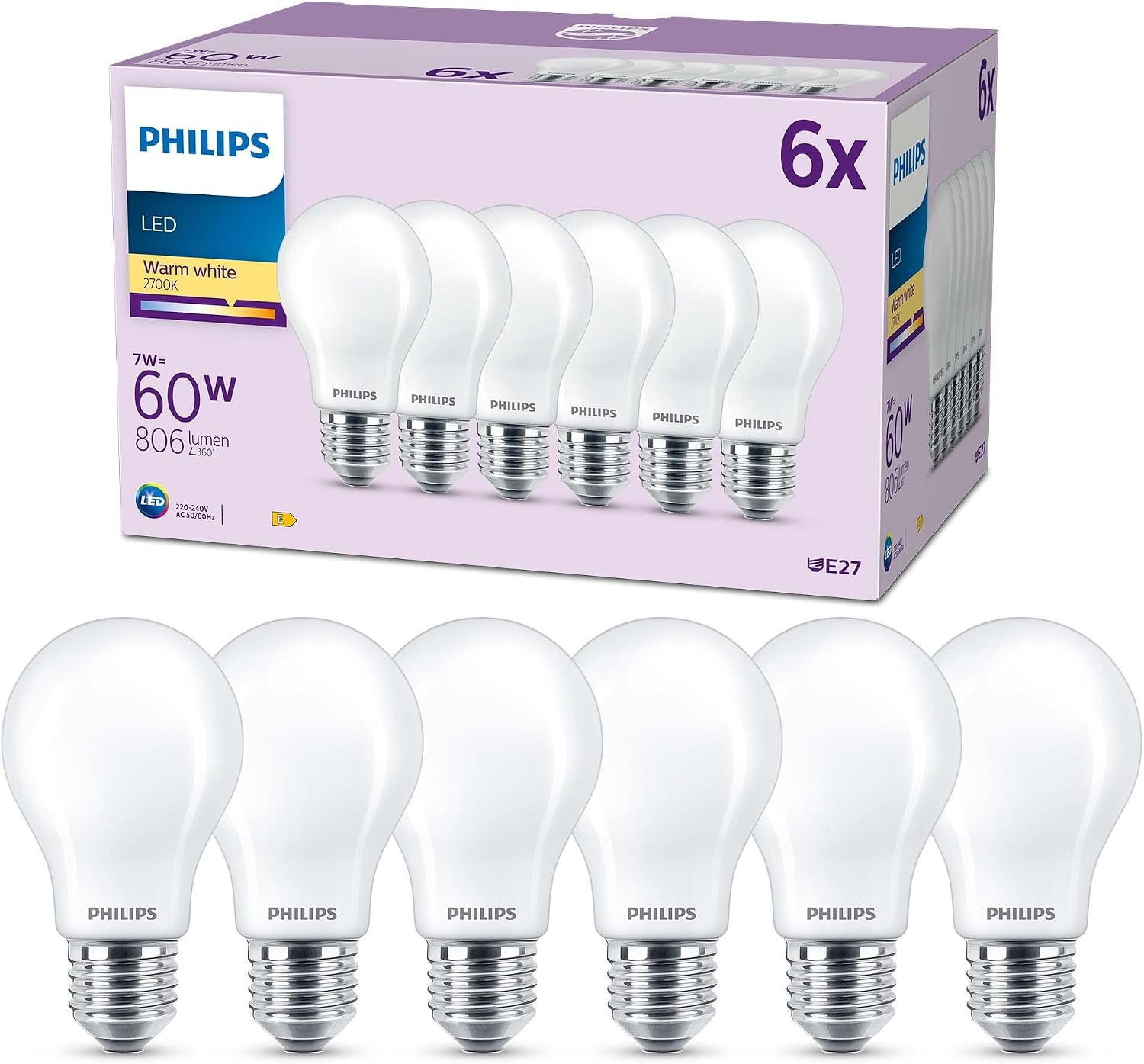 Philips LED Frosted A60 Light Bulb 6 Pack [Warm White 2700K - E27 ...