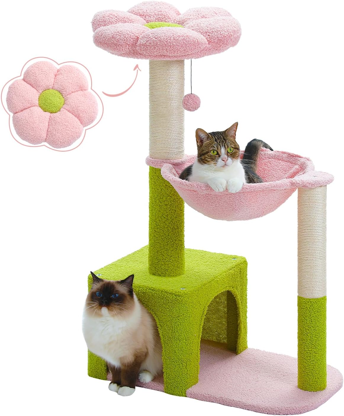 MUTTROS Flower Cat Tree with Large Metal Frame Hammock, 35" Pink Cat ...