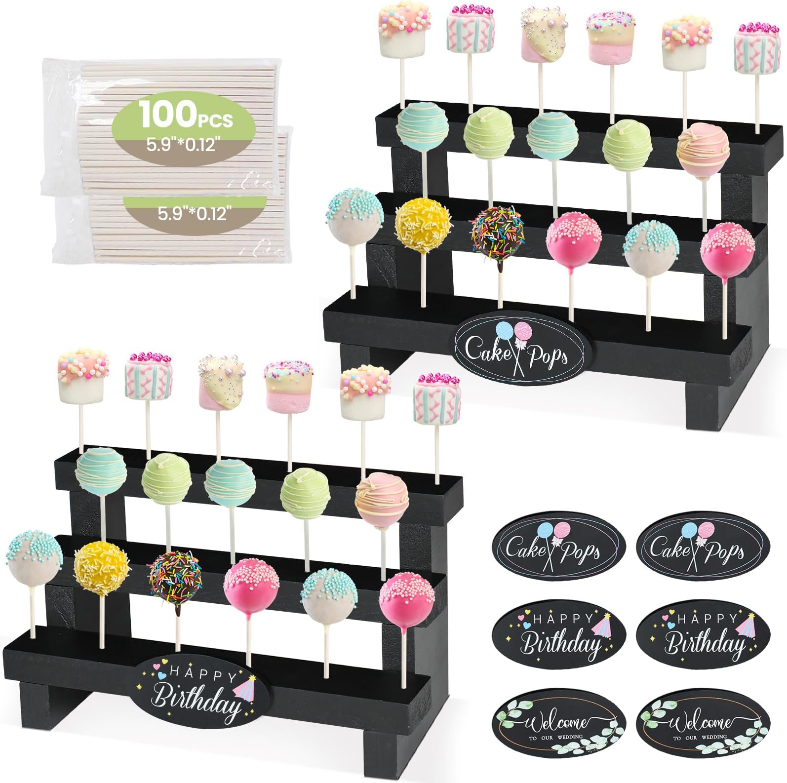 Amazon.com: Wood Cake Pop Stand Set of 2, 3-Tier Cake Pop Holder with ...