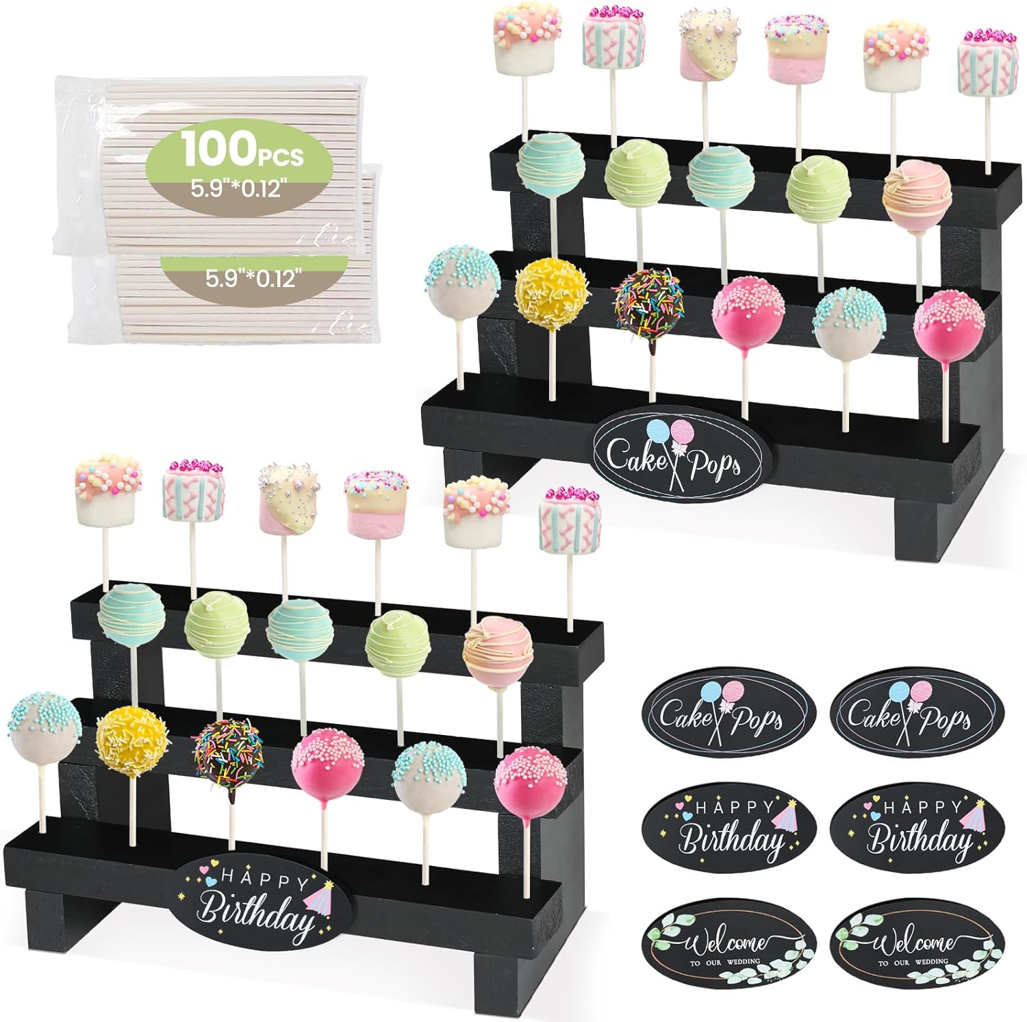 Amazon.com: Wood Cake Pop Stand Set of 2, 3-Tier Cake Pop Holder with ...