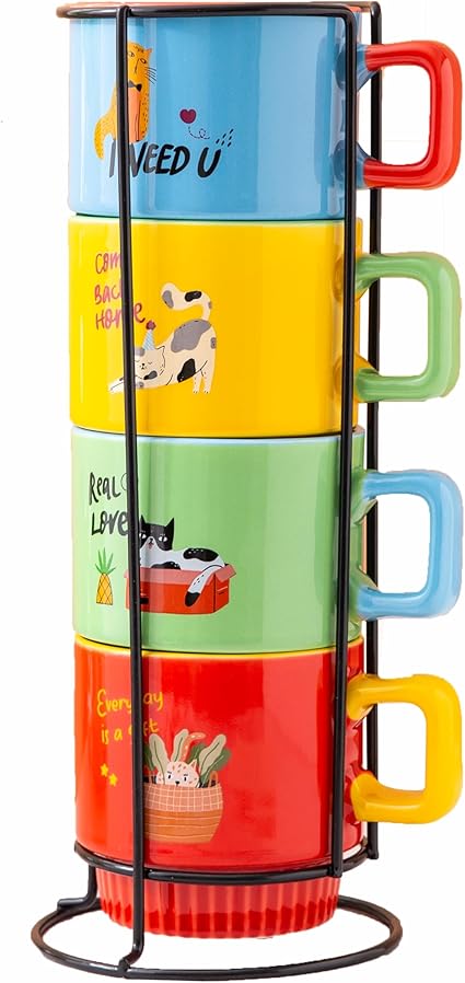 Amazon.com: MECOWON 12 OZ Porcelain Stackable Mugs with Rack, Set of 4 ...