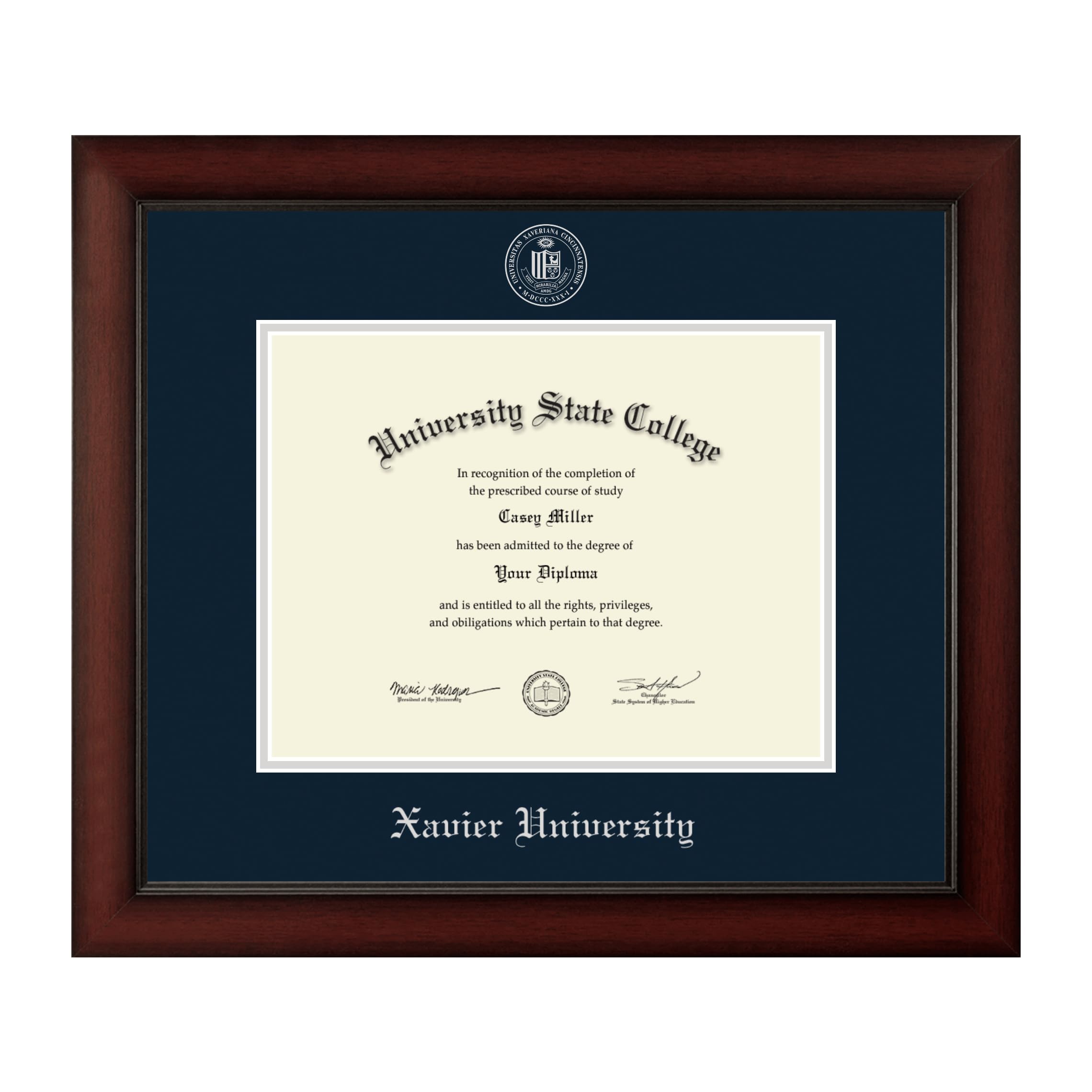 Xavier University Diploma Presidential Silver Engraved Diploma Frame